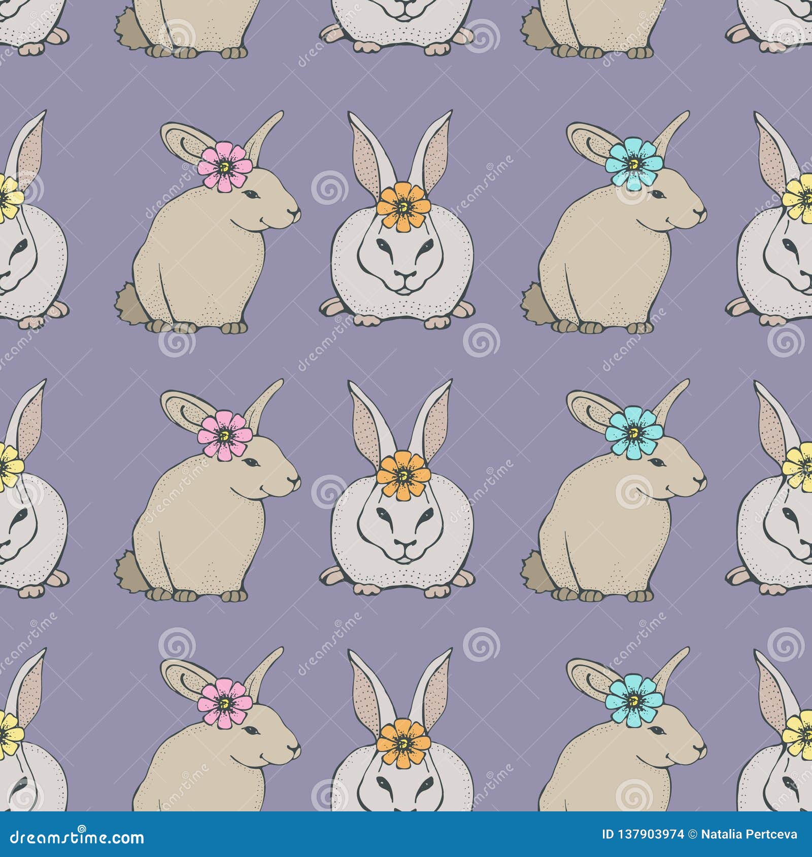 Seamless Pattern with Cute Hand Drawn Rabbits. Vector Template for ...