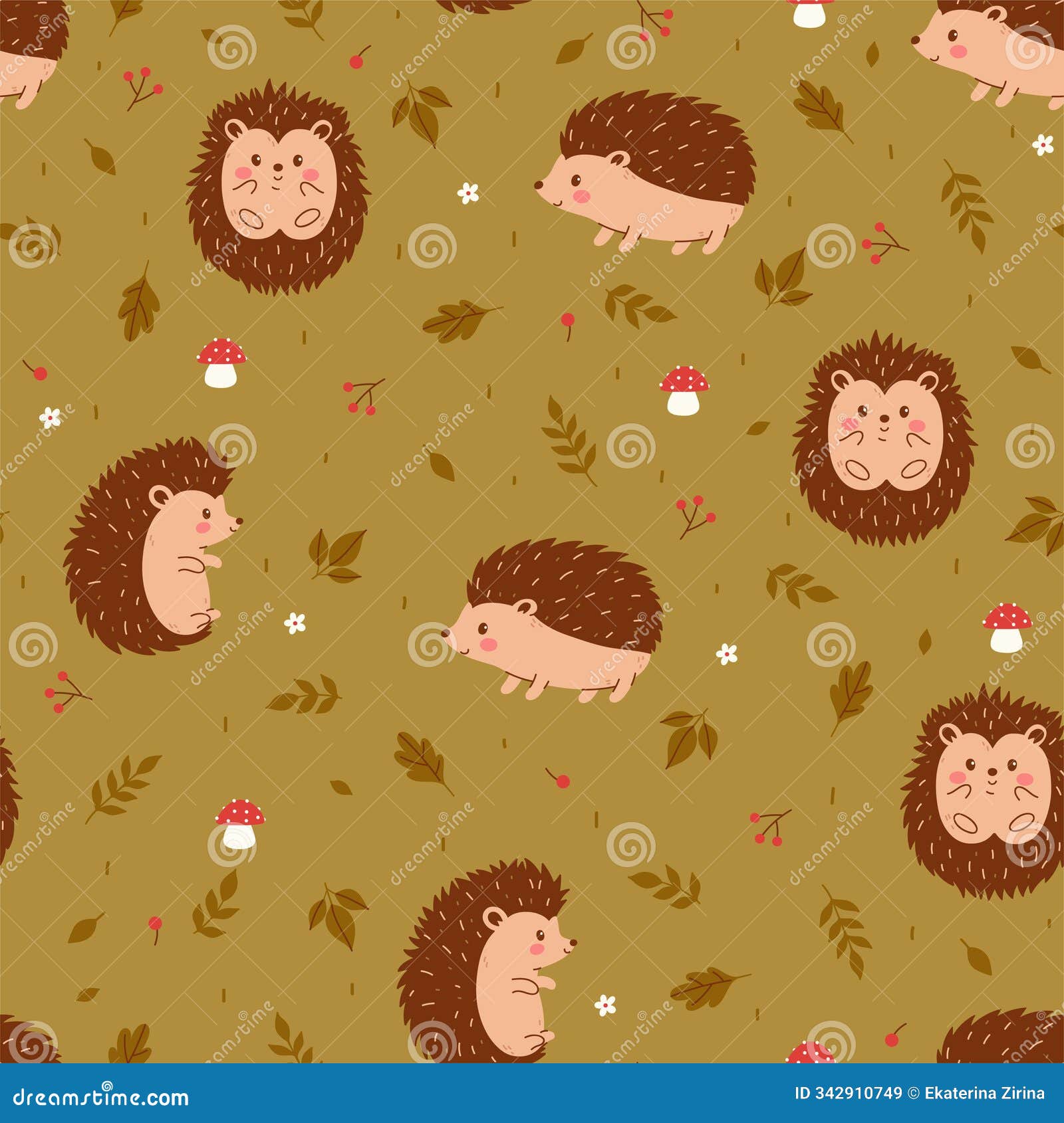 Seamless Pattern of Cute Hedgehogs, Berries, Mushrooms and Leaves. Vector Graphics Stock ...