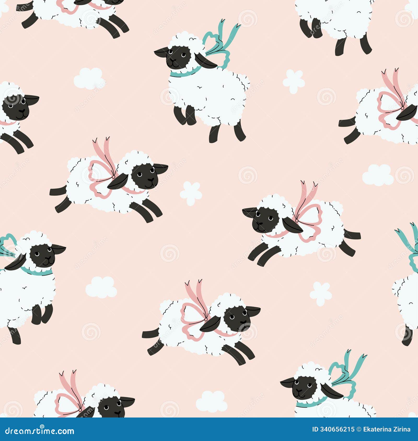 Seamless Pattern With Cute Jumping Sheep With Black Muzzles And Bows On ...