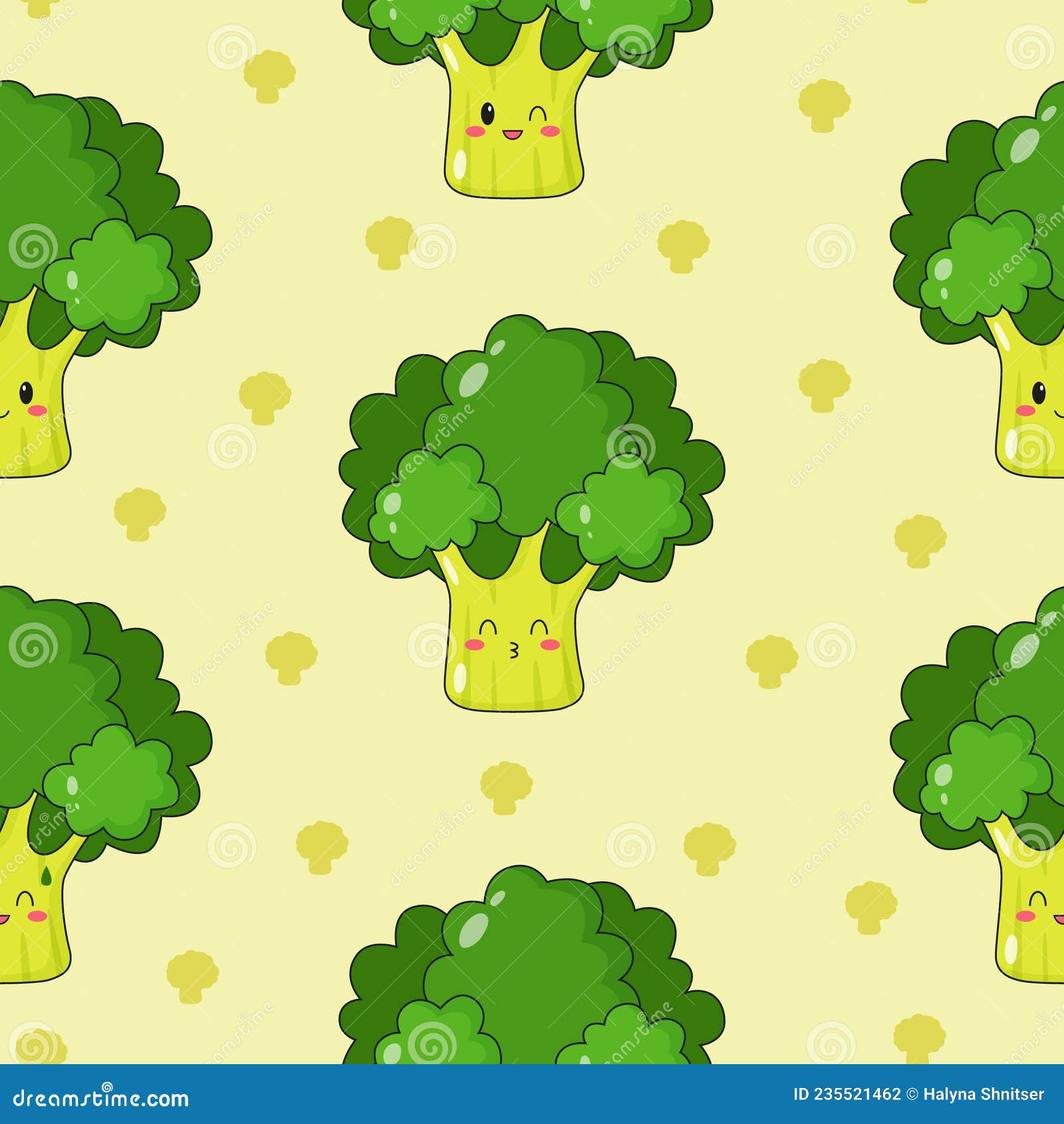 Seamless Pattern of Cute Kawaii Broccoli. Vegetable Print with ...