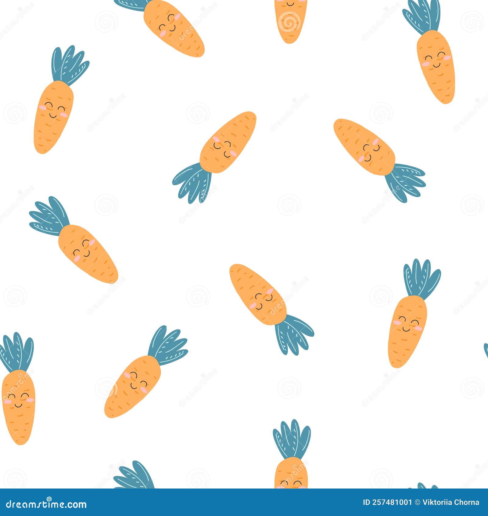 Seamless Pattern With Cute Kawaii Carrot With Happy Face In Flat Style