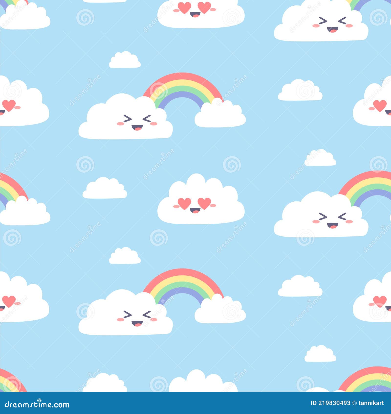 Seamless Pattern with Cute Kawaii Clouds. Simple Cloud Characters with ...