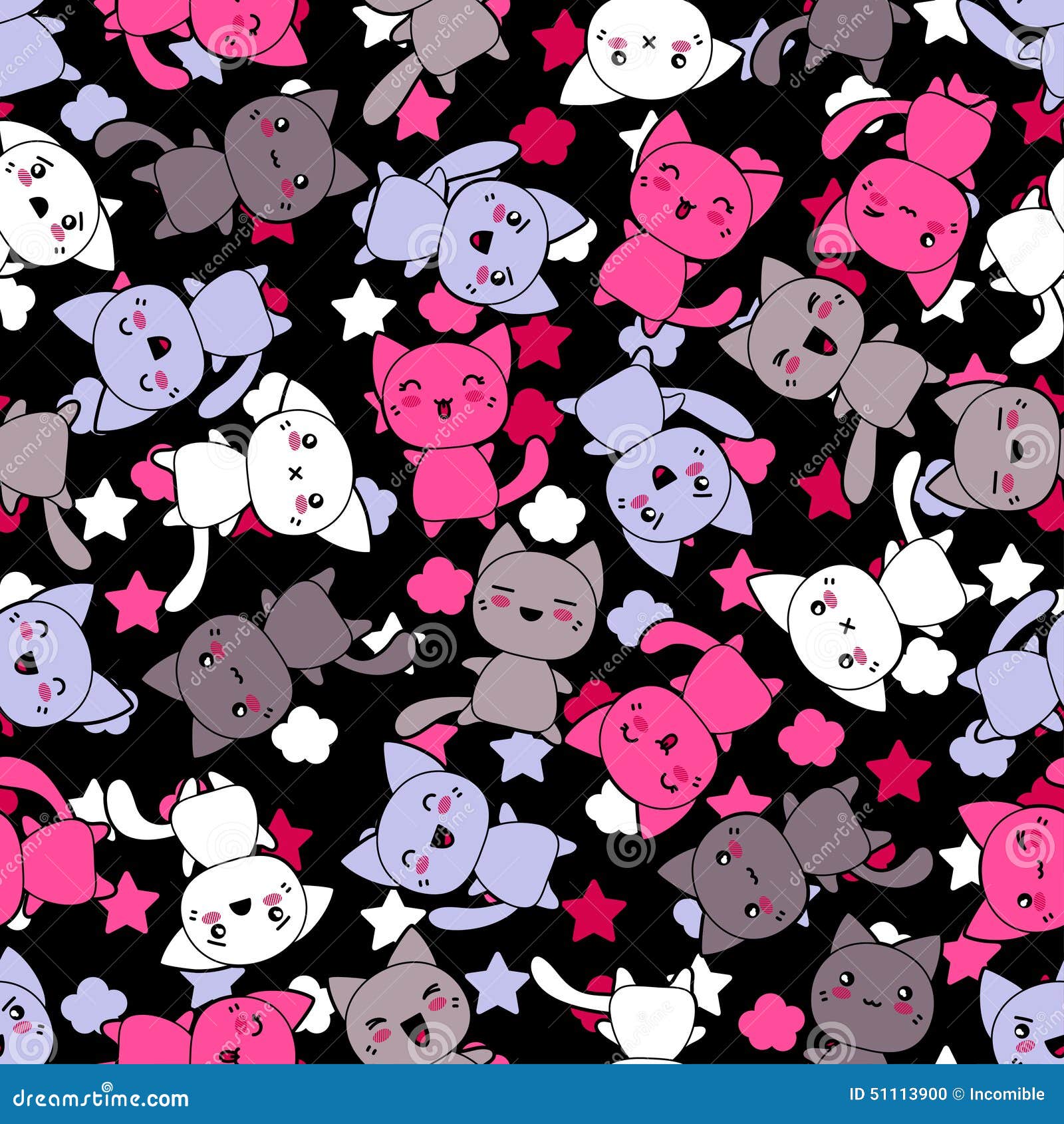 Seamless Pattern with Cute Kawaii Doodle Cats Stock Vector ...