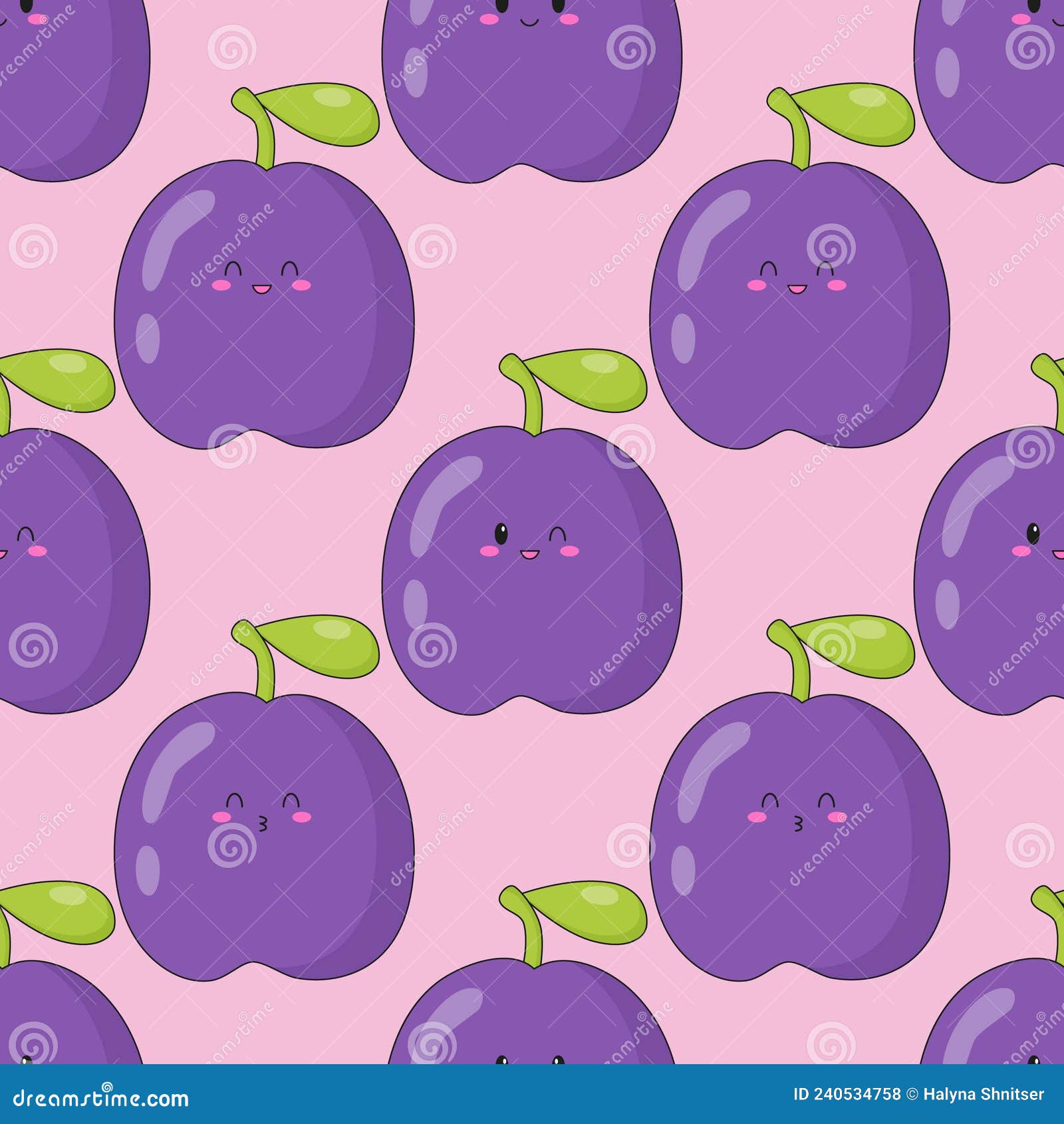 Seamless Pattern of Cute Kawaii Plum. Fruit Print with Different ...