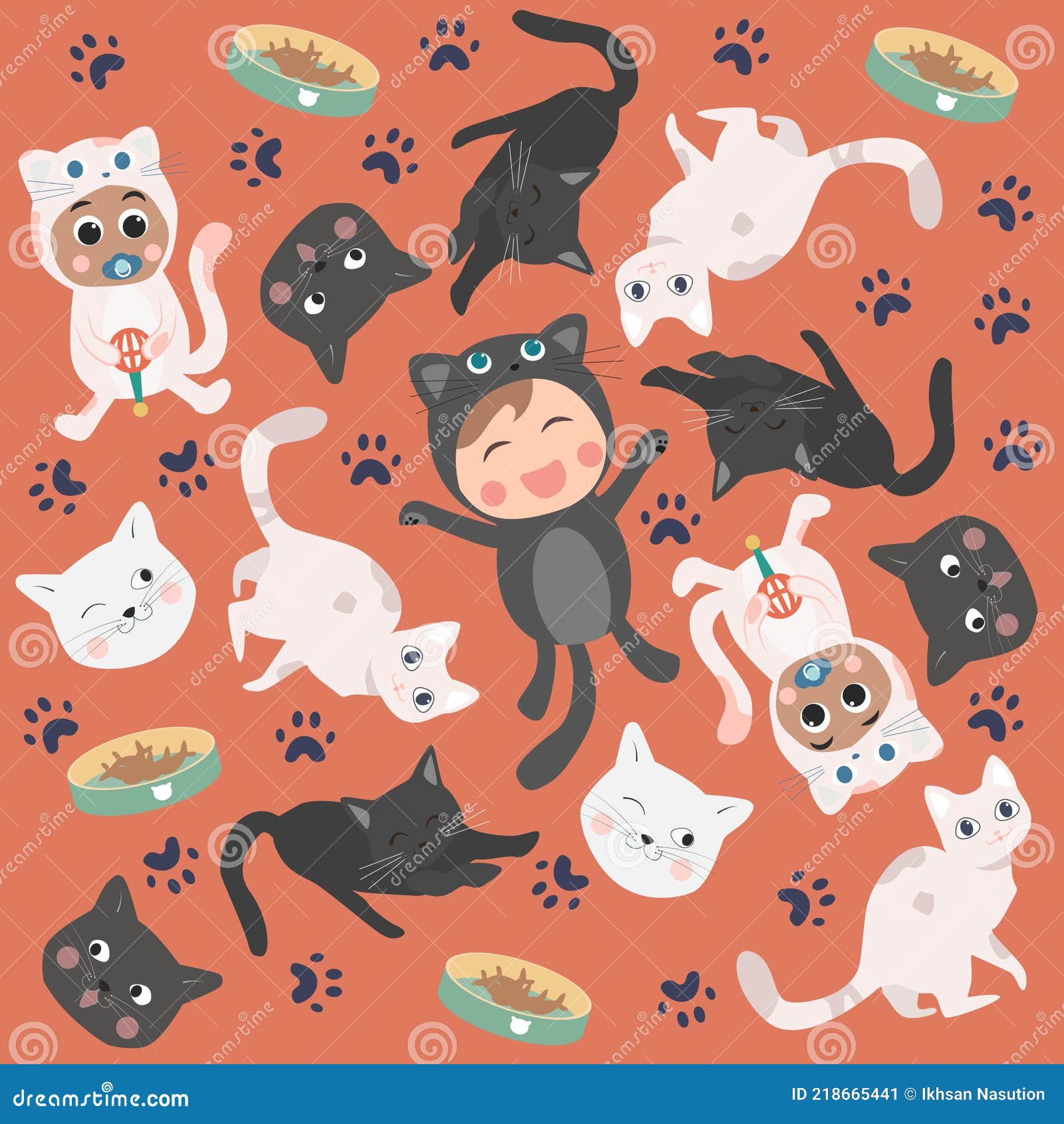Seamless Pattern with Cute Kittens with Orange Background. Creative ...