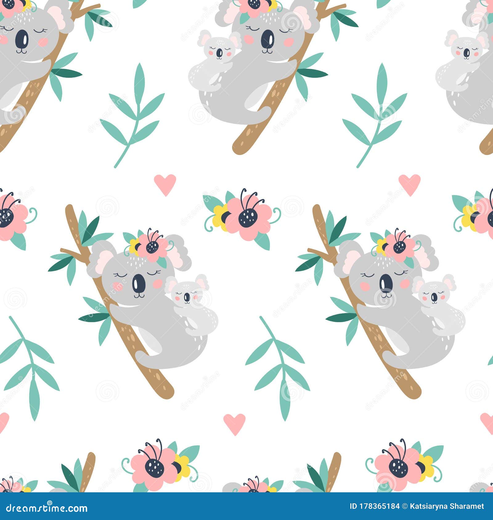 Seamless Pattern with Cute Koala on a White Background. Vector Stock ...