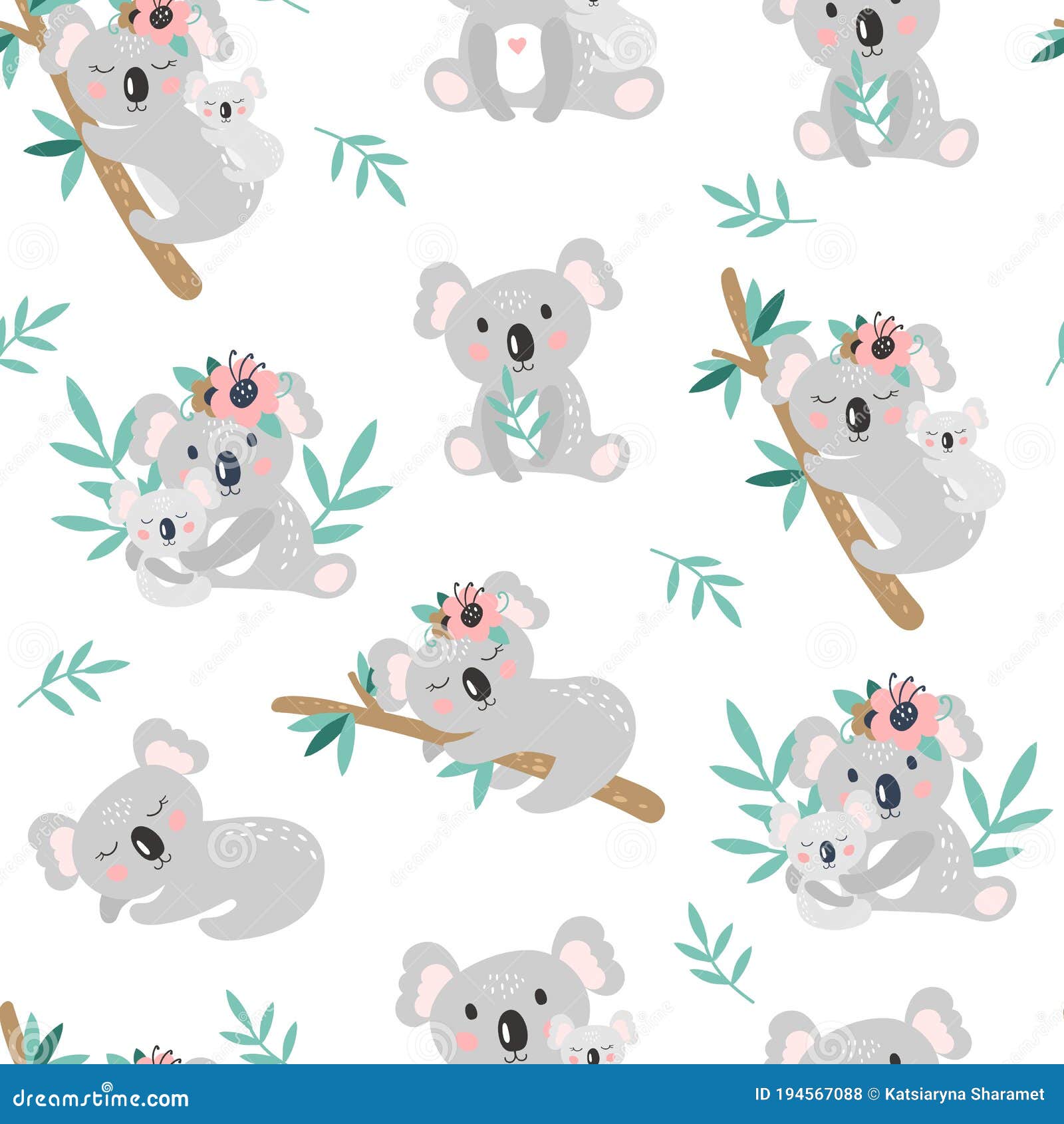 Seamless Pattern with Cute Koala on a White Background. Vector Stock ...