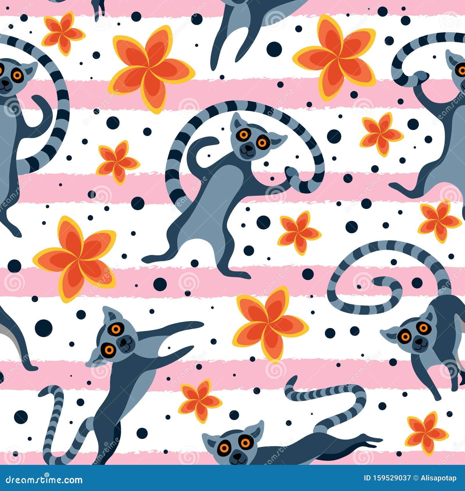 Seamless Pattern with Cute Lemurs with Flowers Stock Vector ...
