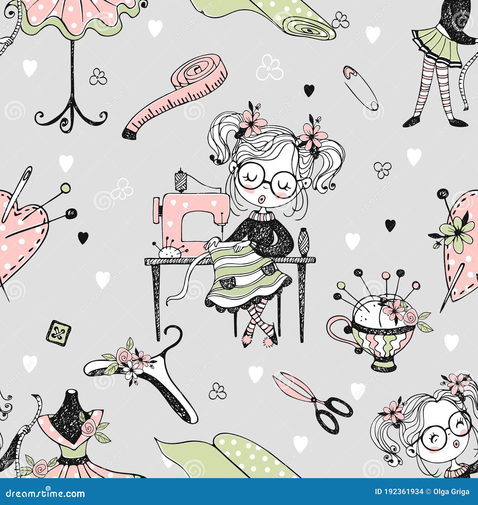 Seamless Pattern with Cute Little Dressmaker and Sewing Accessories ...
