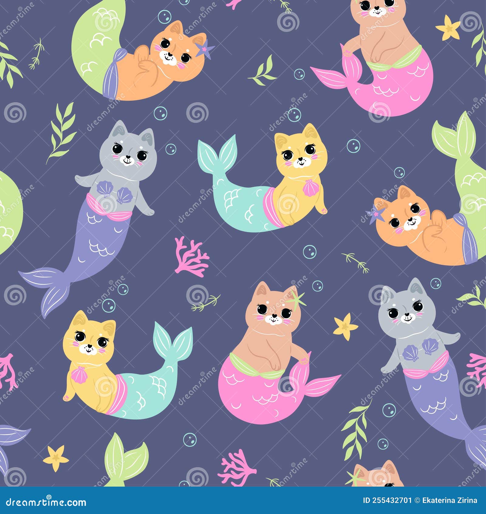 Seamless Pattern of Cute Mermaid Cats. Vector Graphics Stock Vector ...