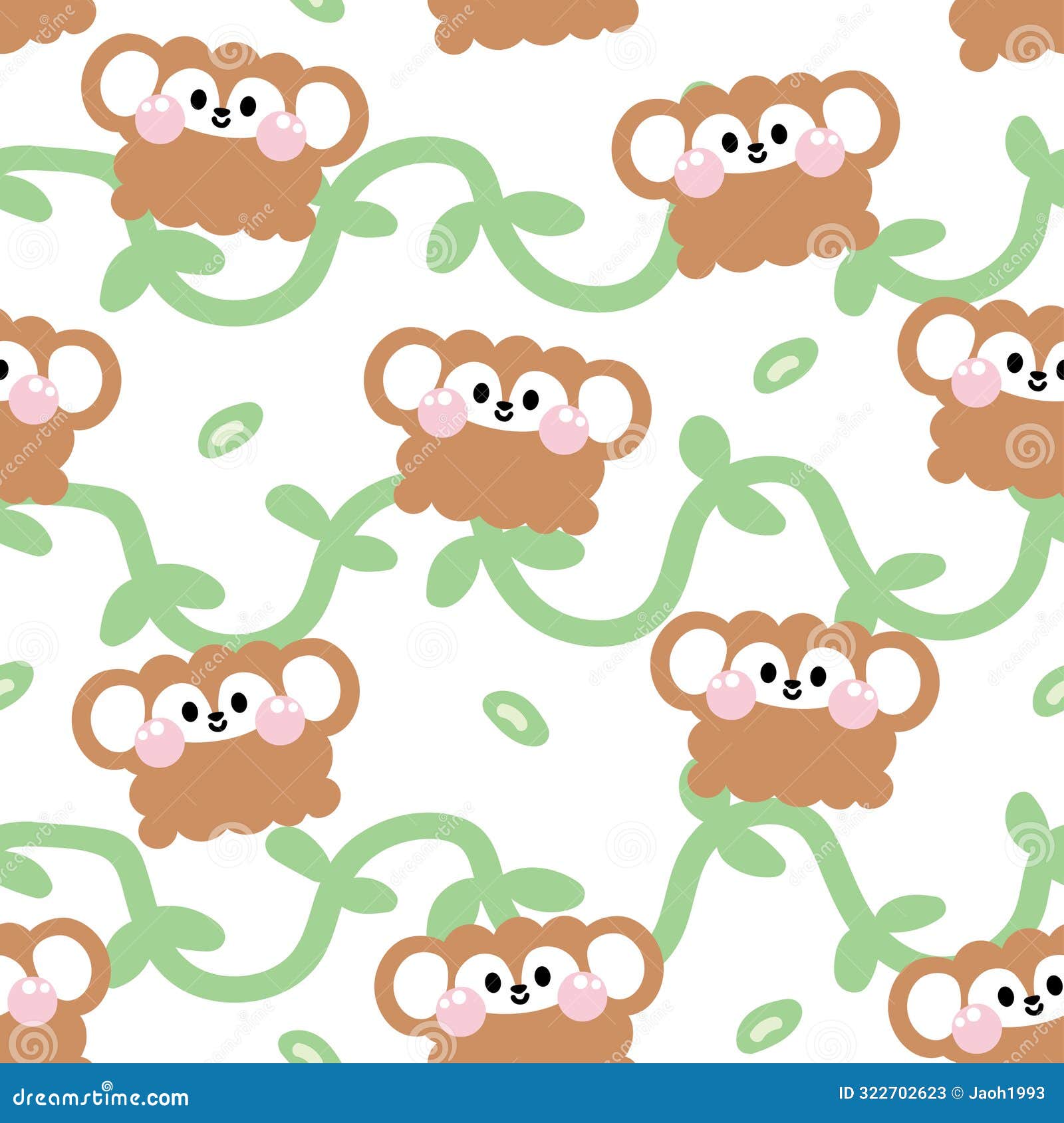 Seamless Pattern of Cute Monkey in Curve Shape Hand Drawn with Leaf ...