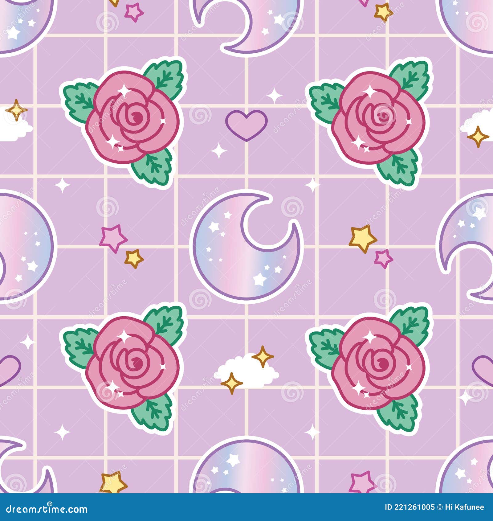 Seamless Pattern of Cute Moon with Roses, Cartoon, Vector Illustration ...