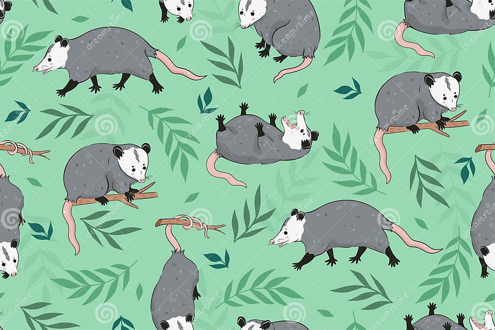 Seamless Pattern with Cute Opossums and Leaves. Vector Graphics Stock ...