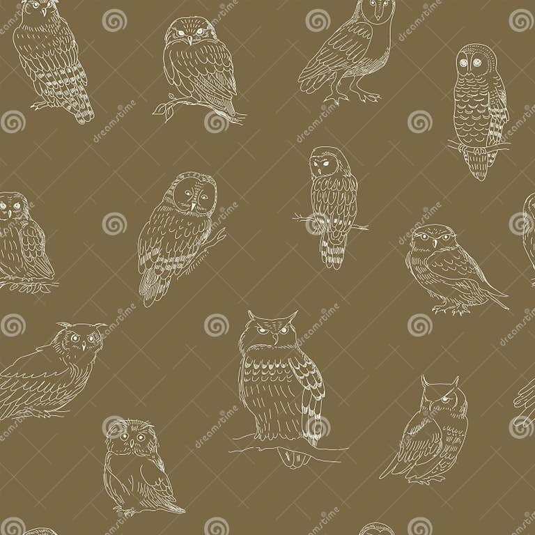 Seamless Pattern of Cute Owls on a Brown Background Stock Vector ...