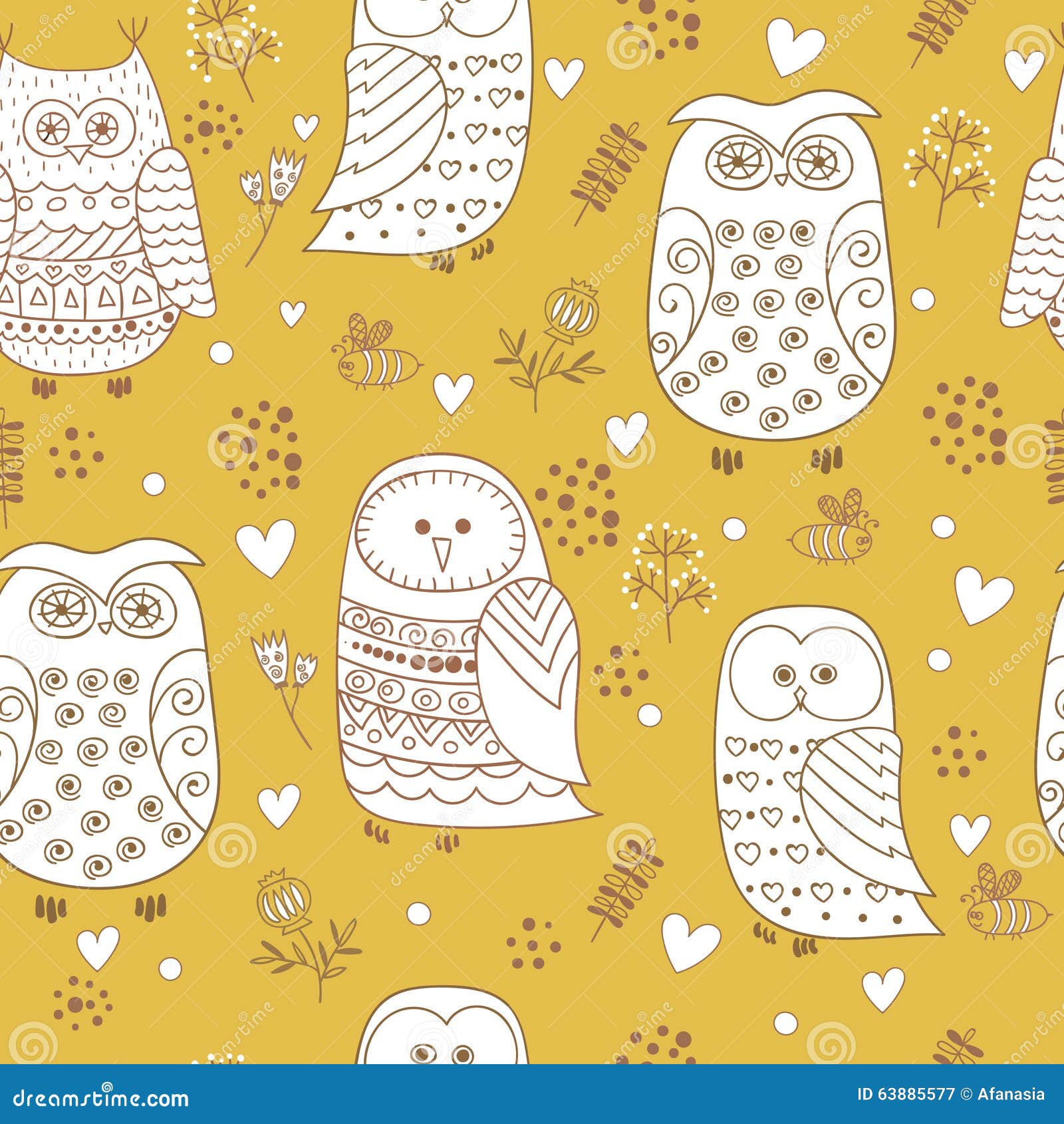 Seamless Pattern with Cute Owls, Flowers and Hearts. Stock Vector ...