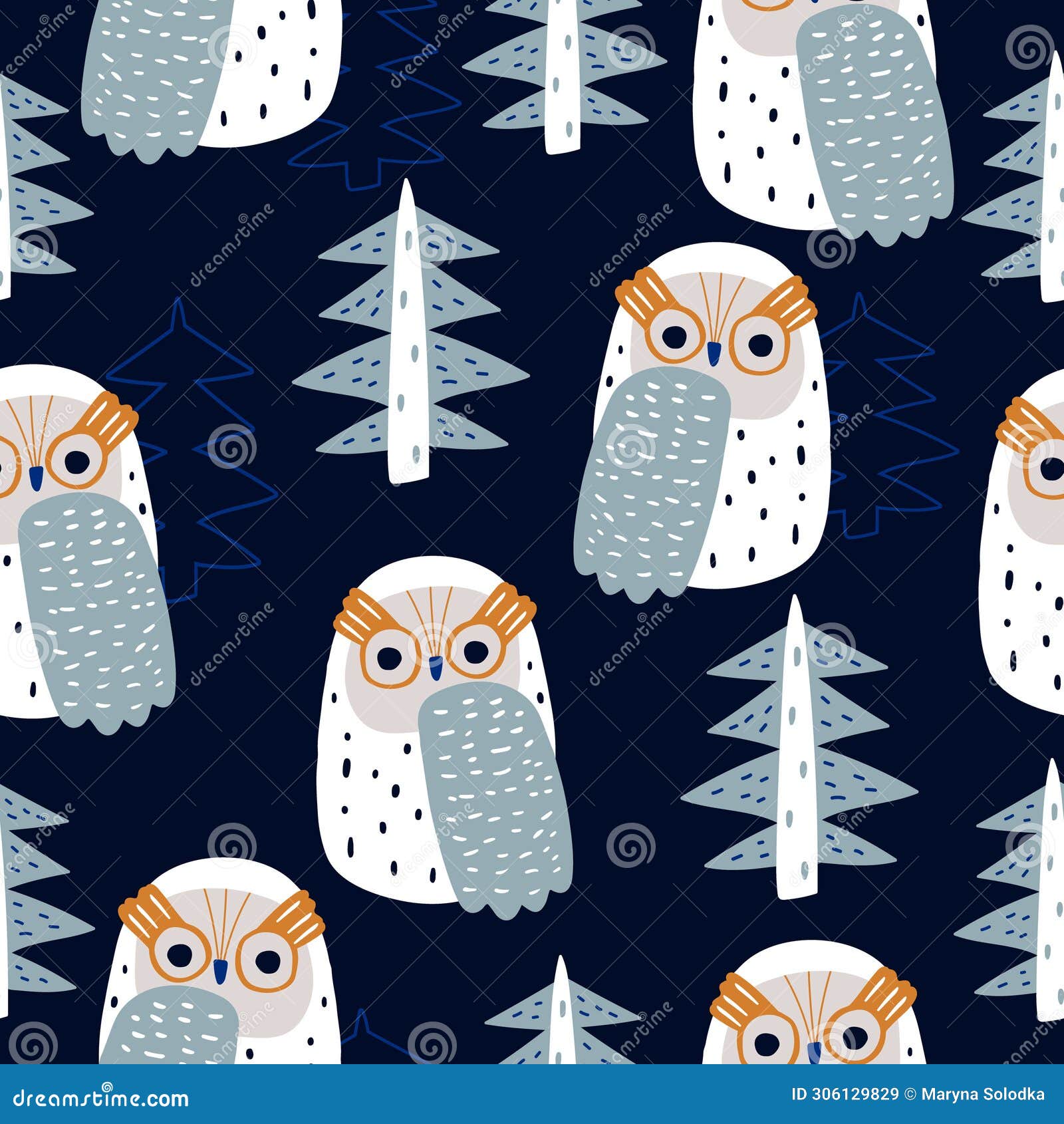 Seamless Pattern with Cute Owls and Trees. Creative Forest Texture ...