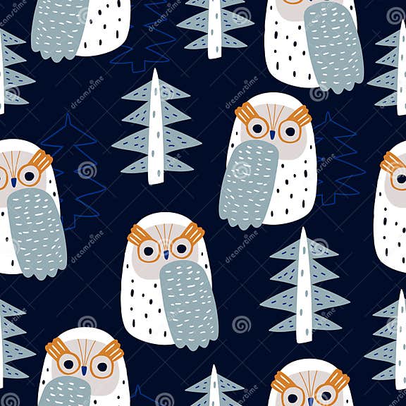 Seamless Pattern with Cute Owls and Trees. Creative Forest Texture ...