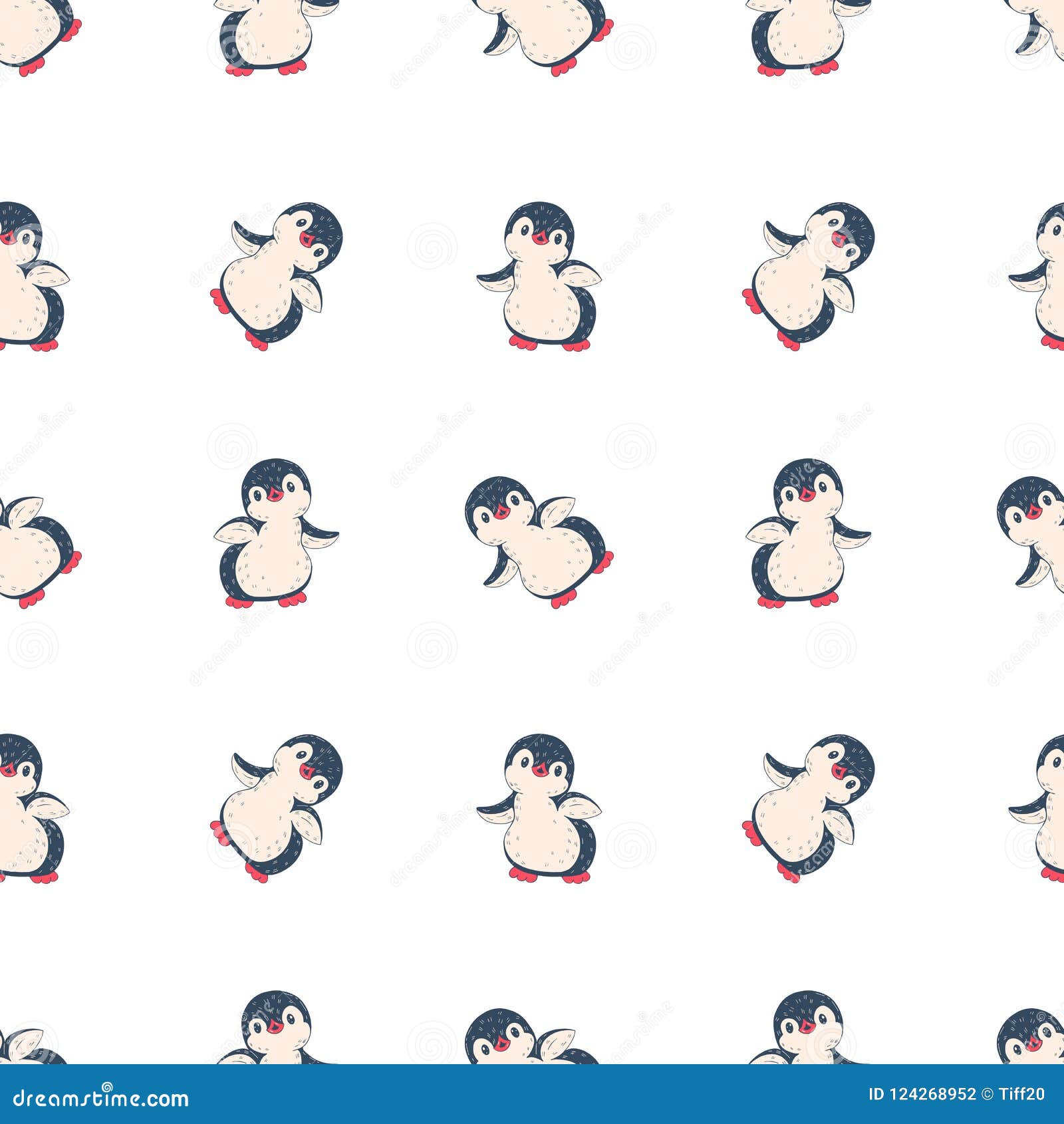 Seamless Pattern with Cute Penguins. Hand-drawn Illustration Stock ...