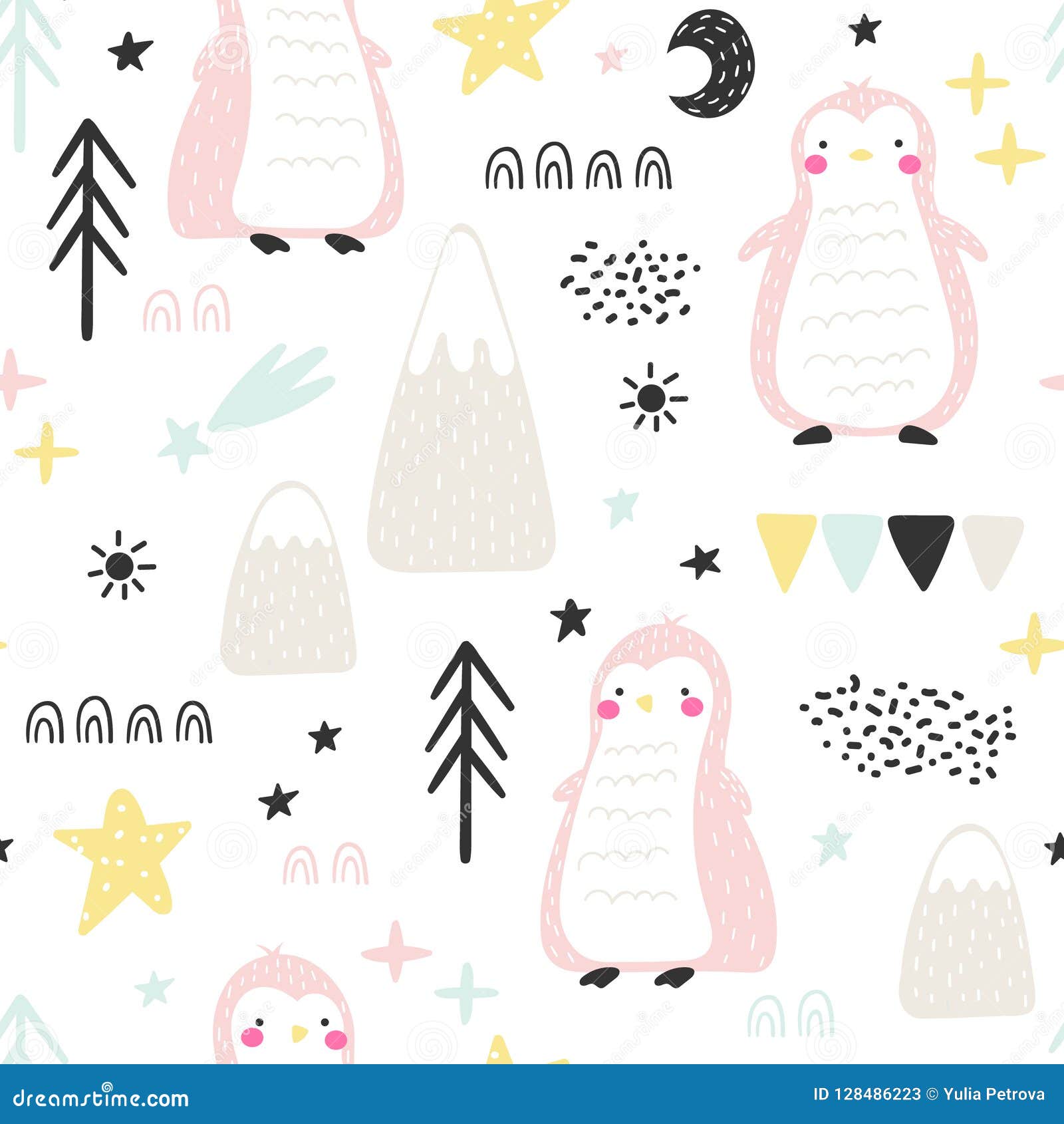 Seamless Pattern with Cute Penguins Stock Vector - Illustration of ...