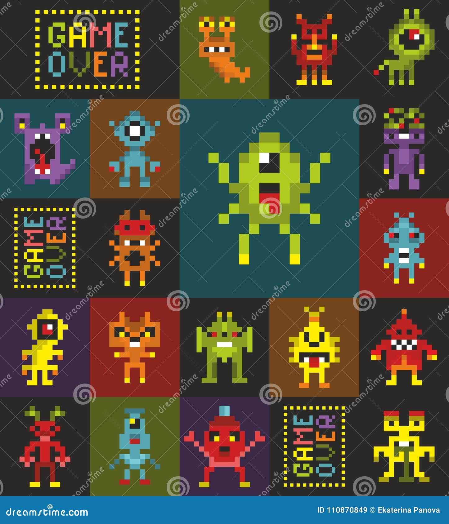 Seamless Pattern with Cute Pixel Monsters from the Space. Stock Vector ...