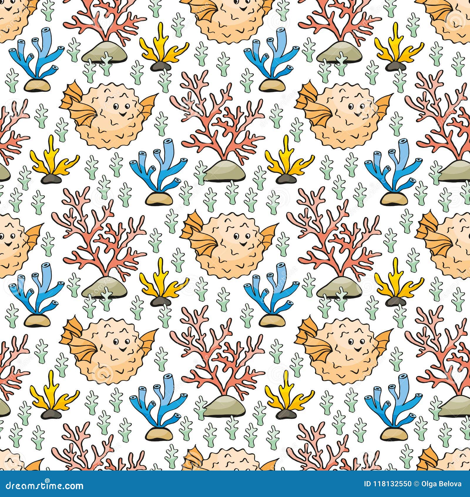Seamless Pattern with Cute Puffer Fish in Doodle Style Stock Vector ...