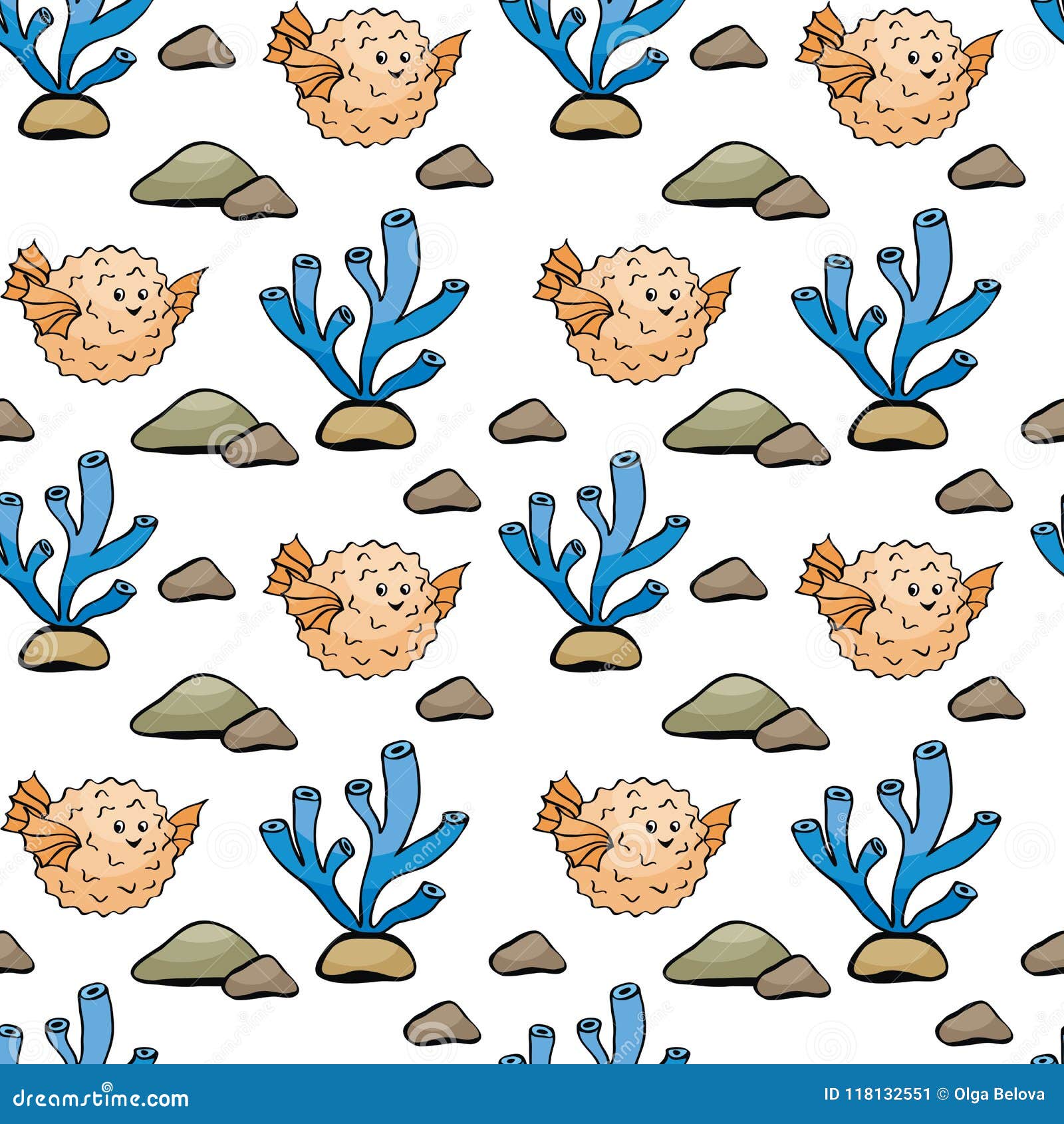 Seamless Pattern with Cute Puffer Fish in Doodle Style Stock Vector ...