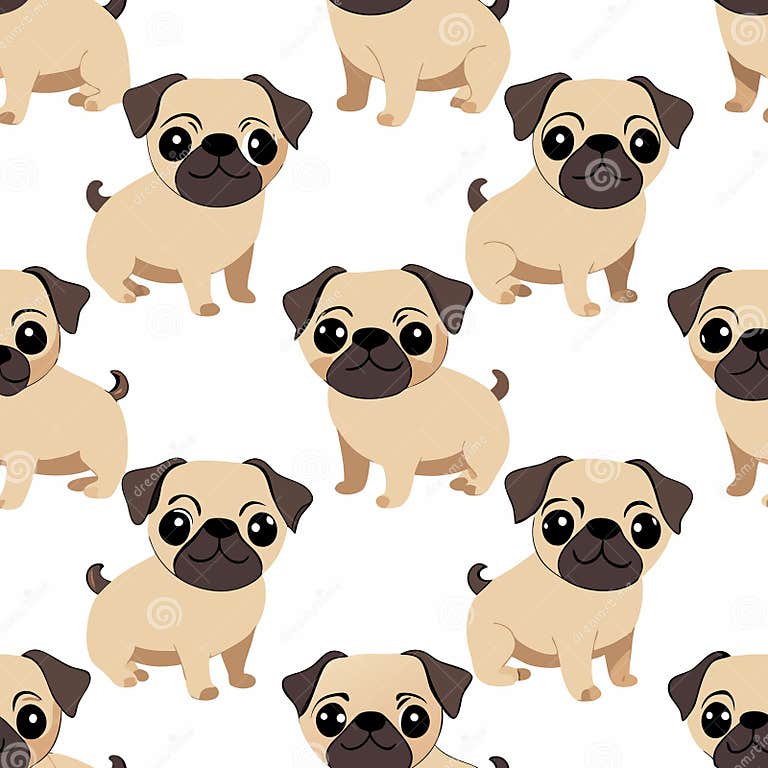 Seamless Pattern with Cute Pugs on a White Background. (1 Stock ...