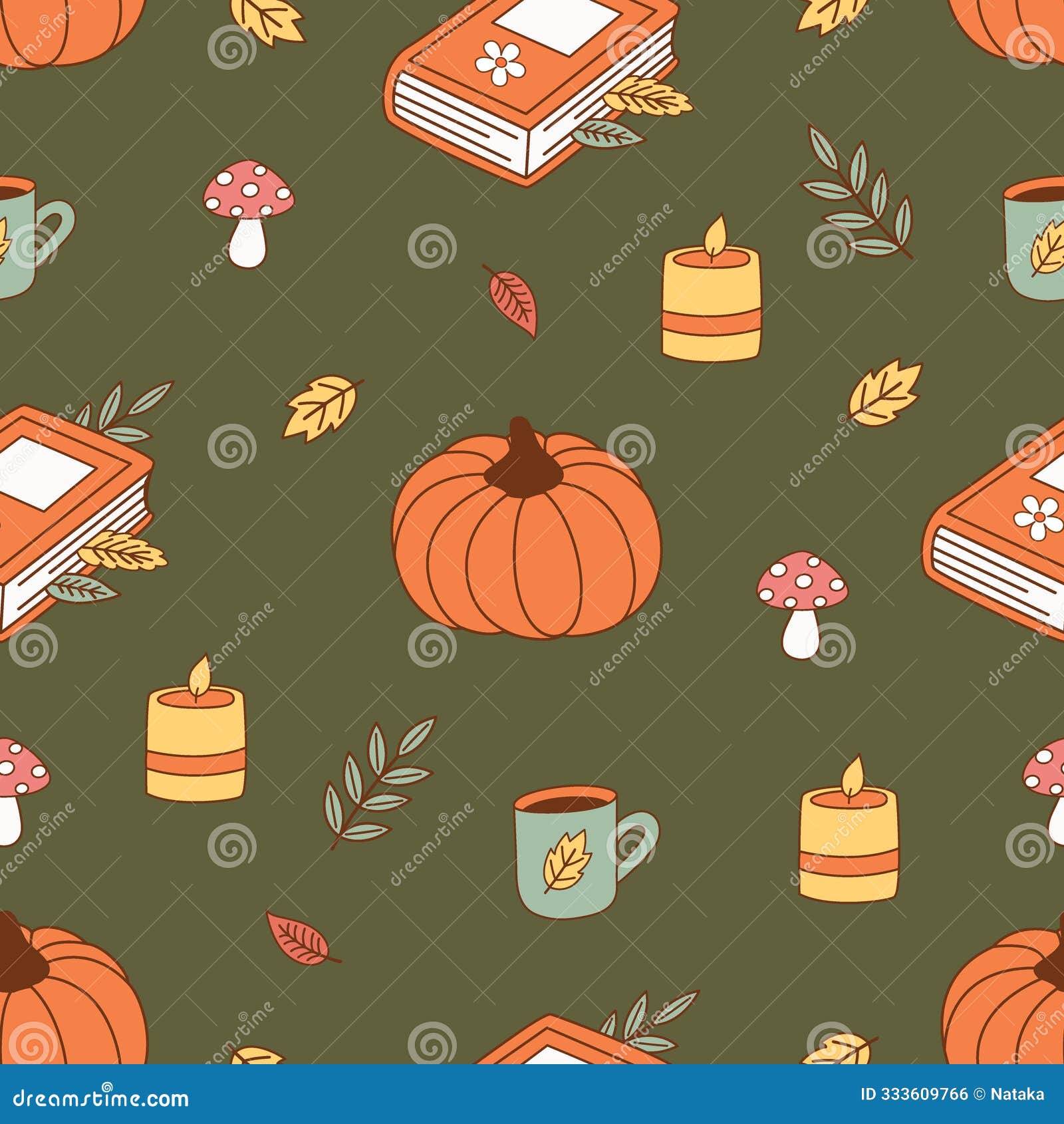 Seamless Pattern with Cute Pumpkin, Book, Candle,mushroom Stock ...