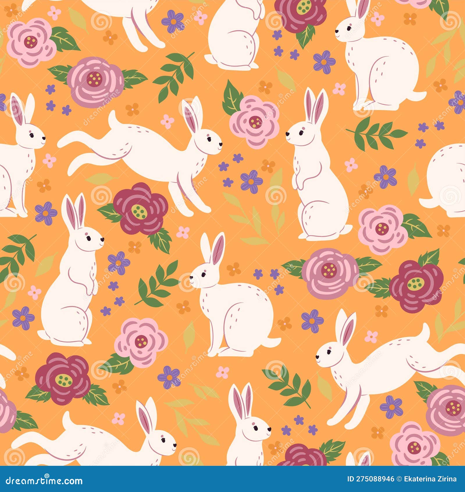 Seamless Pattern with Cute Rabbits and Flowers. Vector Graphics Stock ...