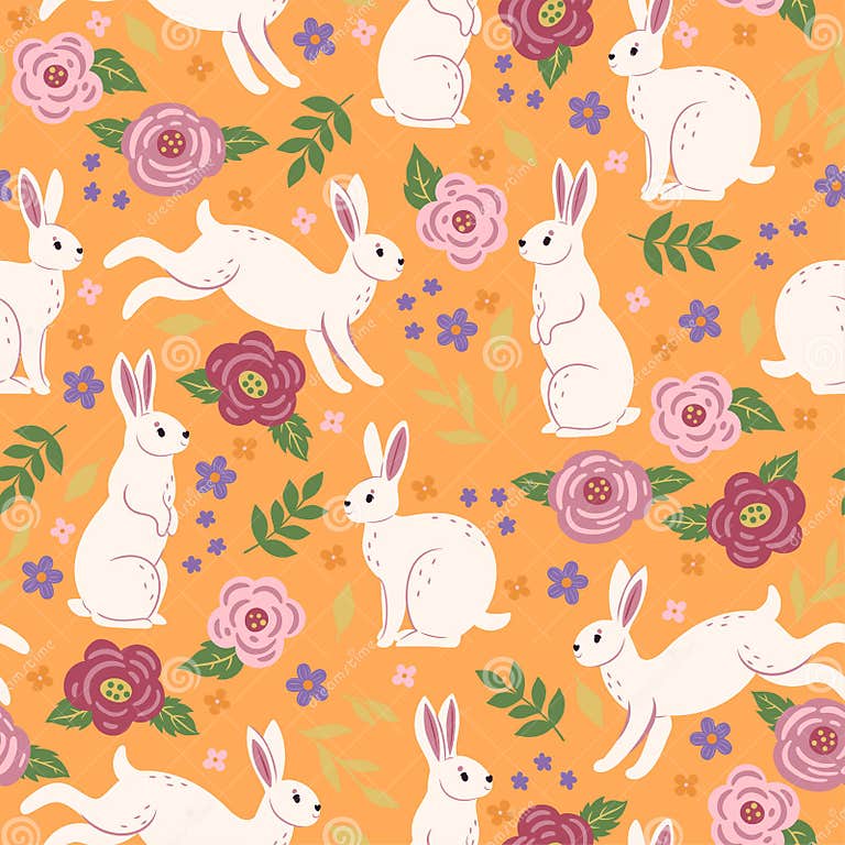 Seamless Pattern with Cute Rabbits and Flowers. Vector Graphics Stock ...