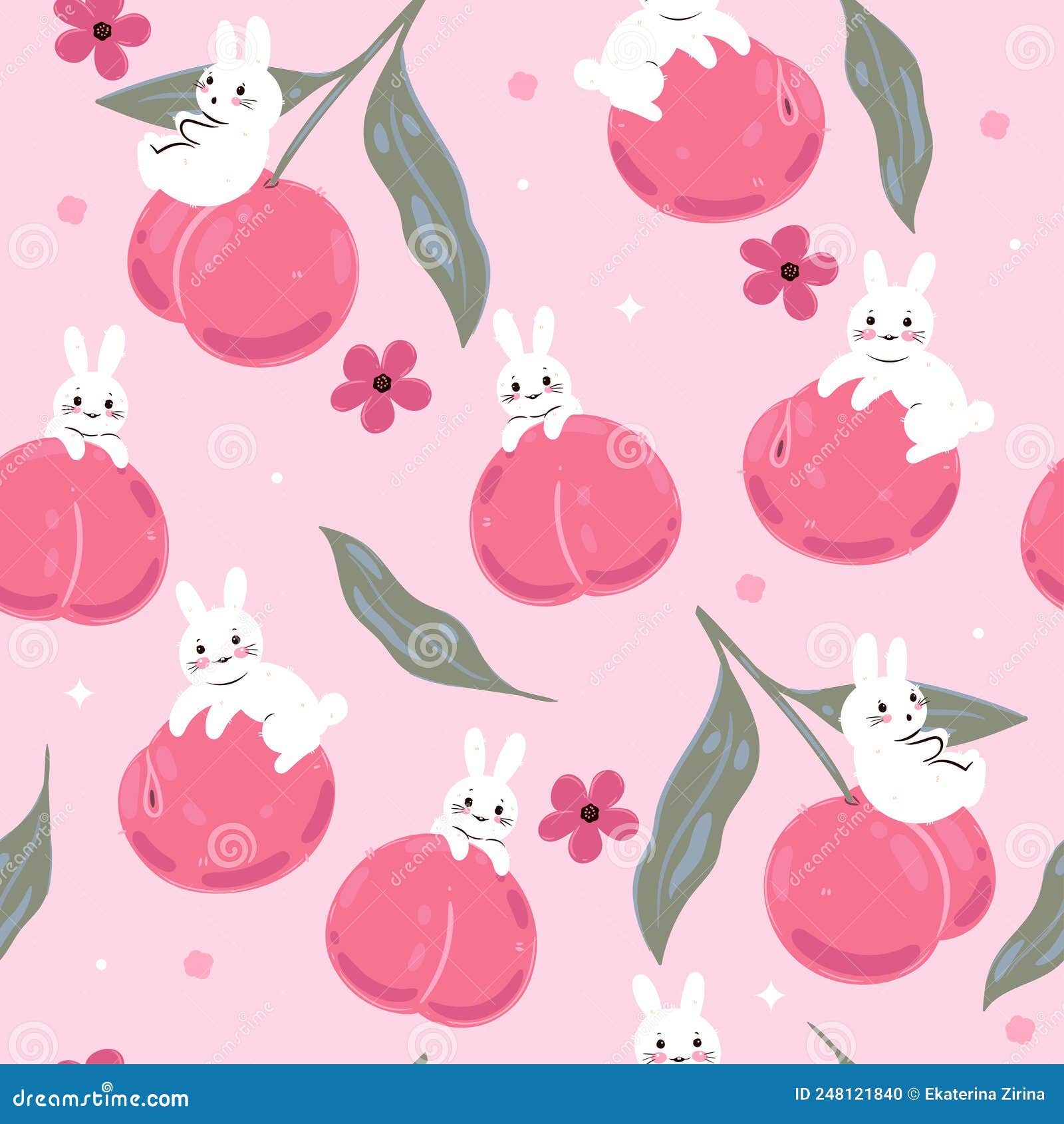 Seamless Pattern with Cute Rabbits and Peaches. Vector Graphics Stock ...