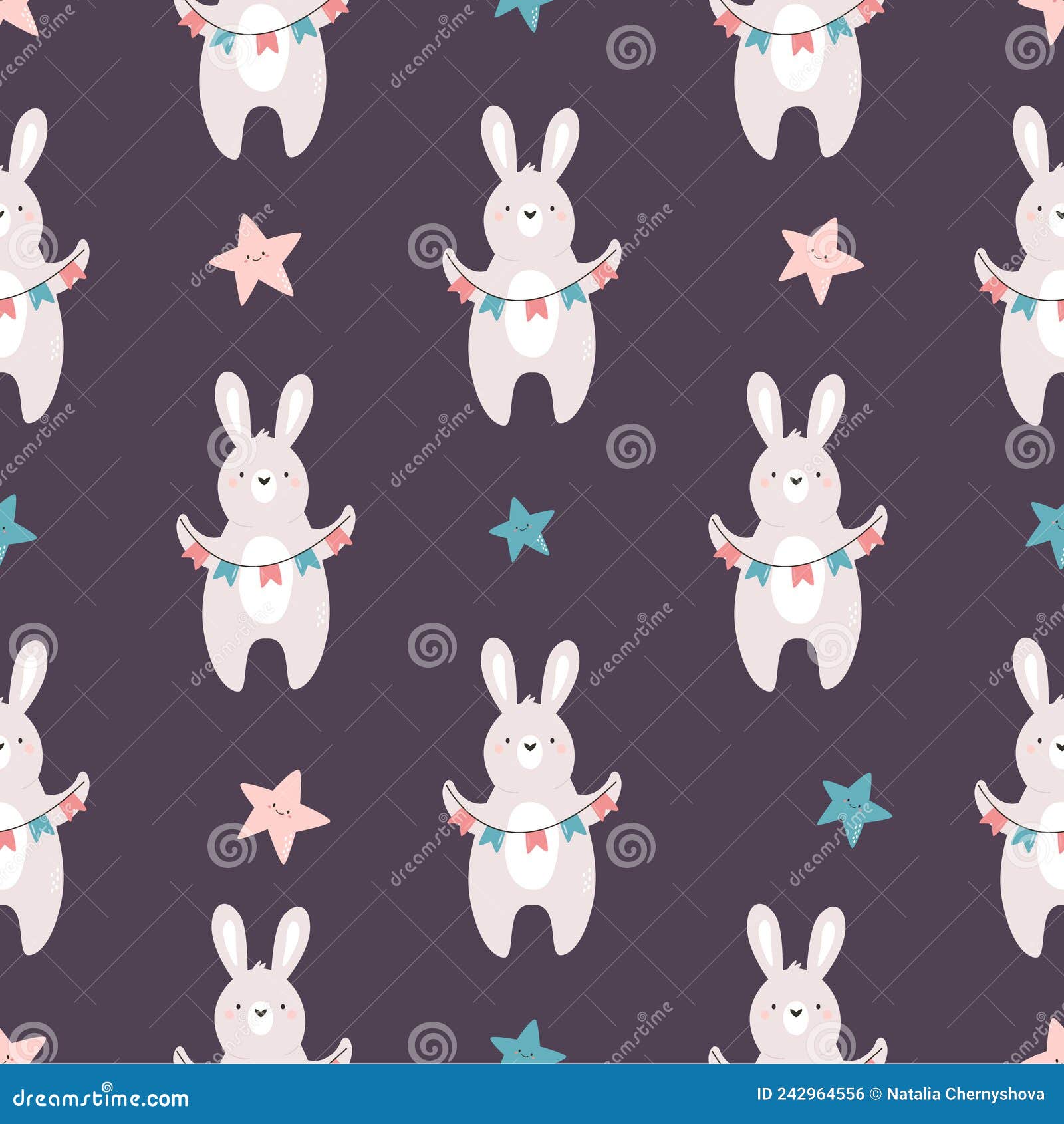 Seamless Pattern with Cute Rabbits and Star Shapes. Stock Vector ...