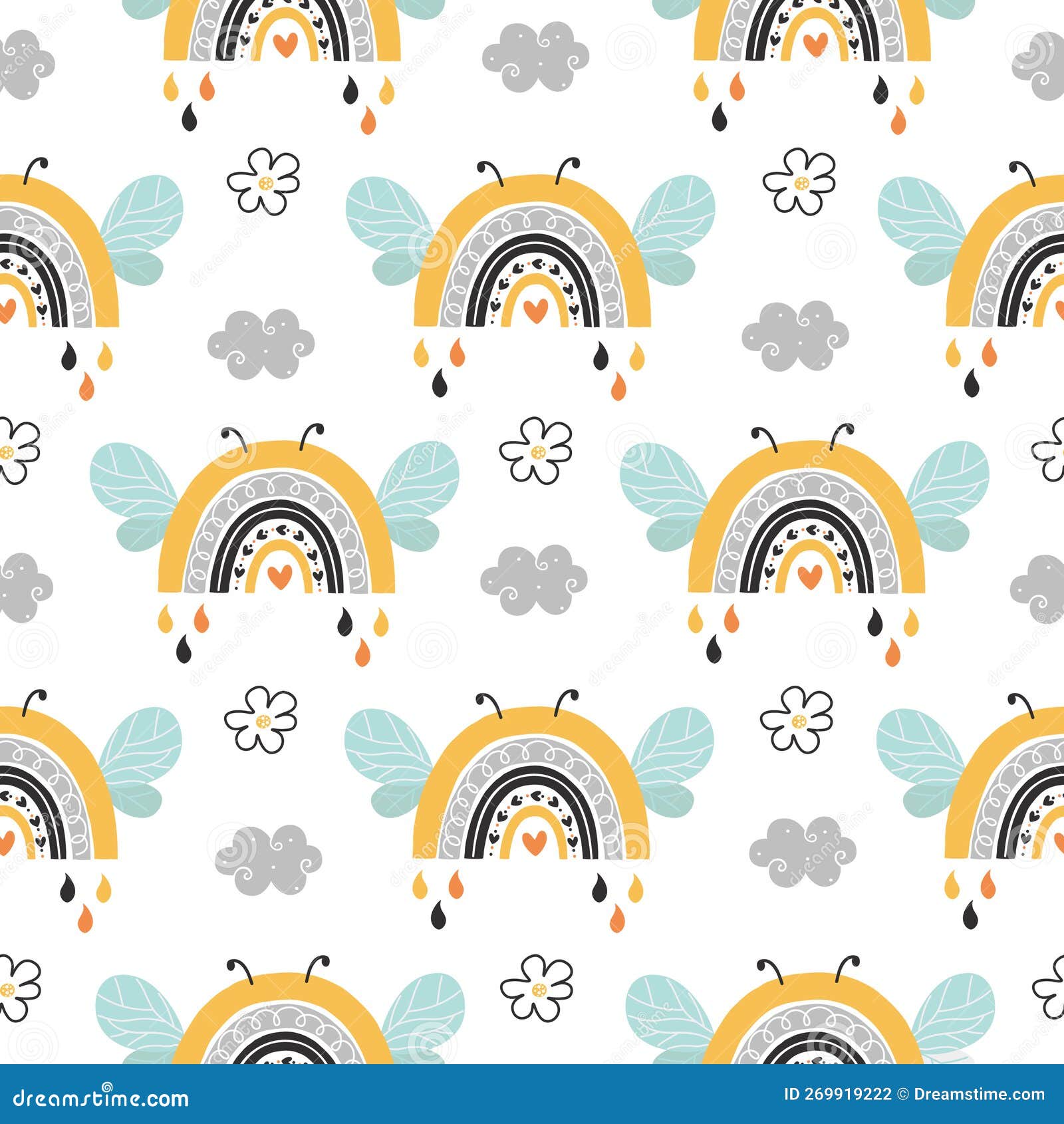 Seamless Pattern with Cute Rainbow and Doodle Clouds Stock Vector ...