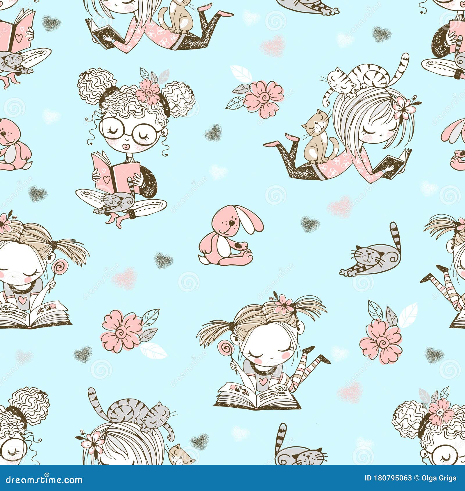 Seamless Pattern with Cute Reading Girls. Vector Stock Illustration ...