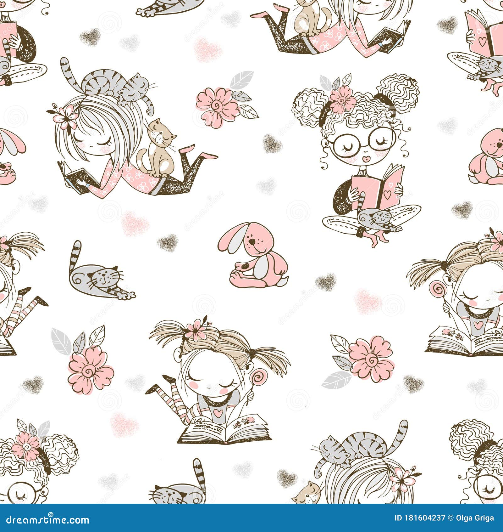 Seamless Pattern with Cute Reading Girls. Vector Stock Illustration ...
