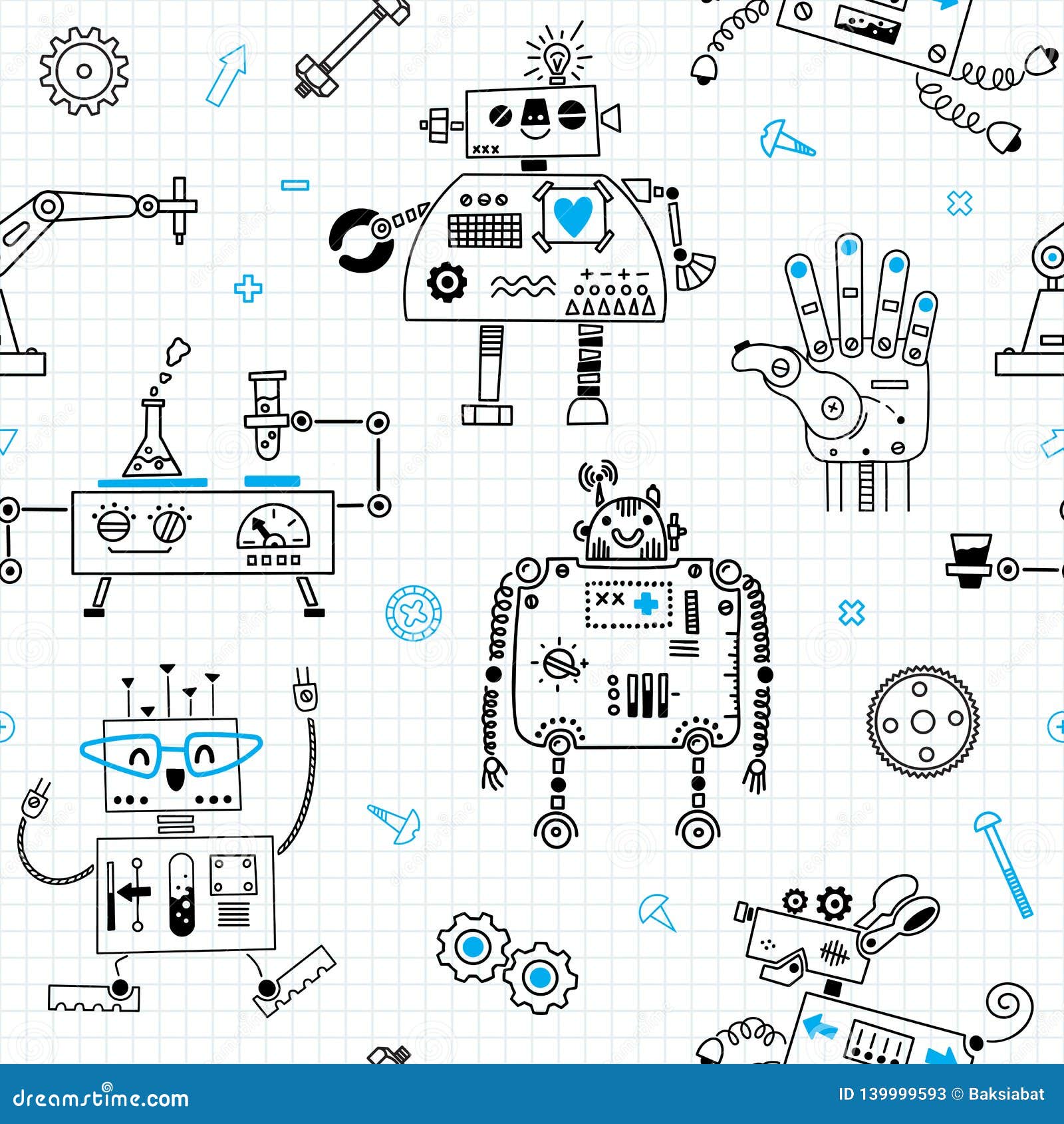 Seamless Pattern With Cute Robots And Robotics. Vector Illustration ...