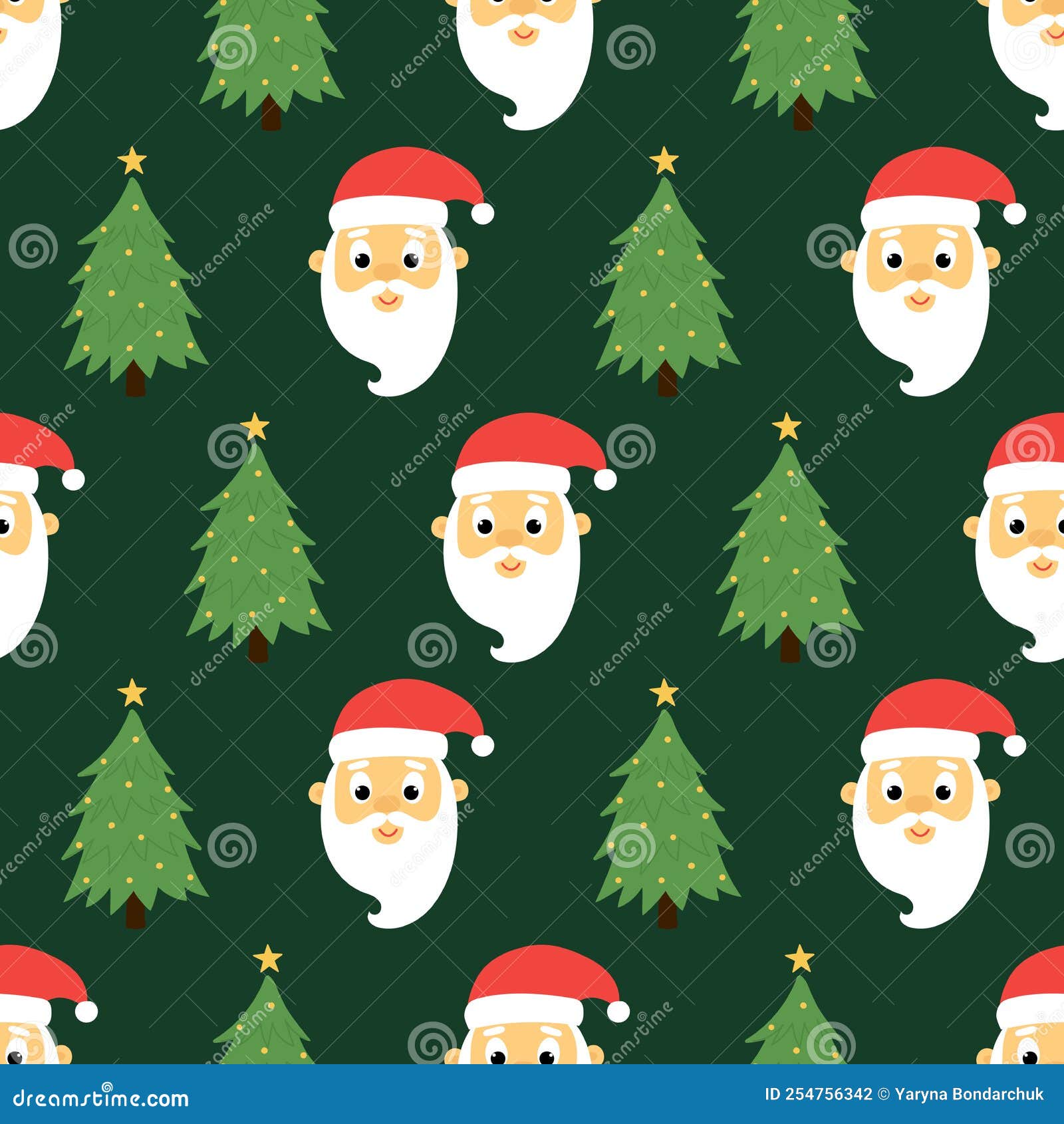 Seamless Pattern of Cute Santa Claus Head and Christmas Tree on Green ...