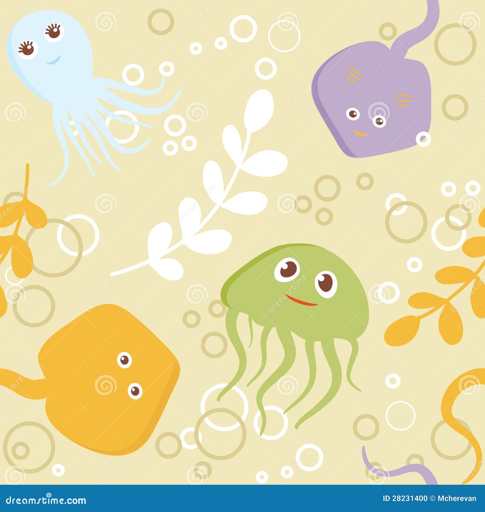 Seamless Pattern with Cute Sea Animals - Octopus, Ramp and Jellyfish ...