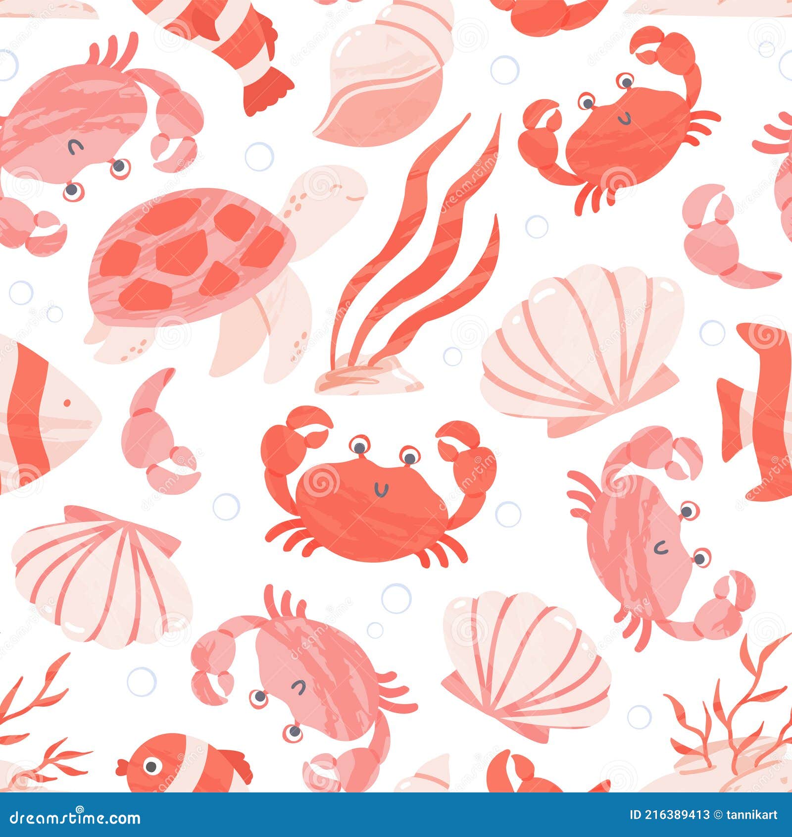 Seamless Pattern with Cute Sea and Ocean Animals, Corals and Shells ...