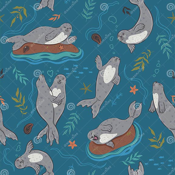 Seamless Pattern with Cute Seals. Vector Graphics Stock Vector ...
