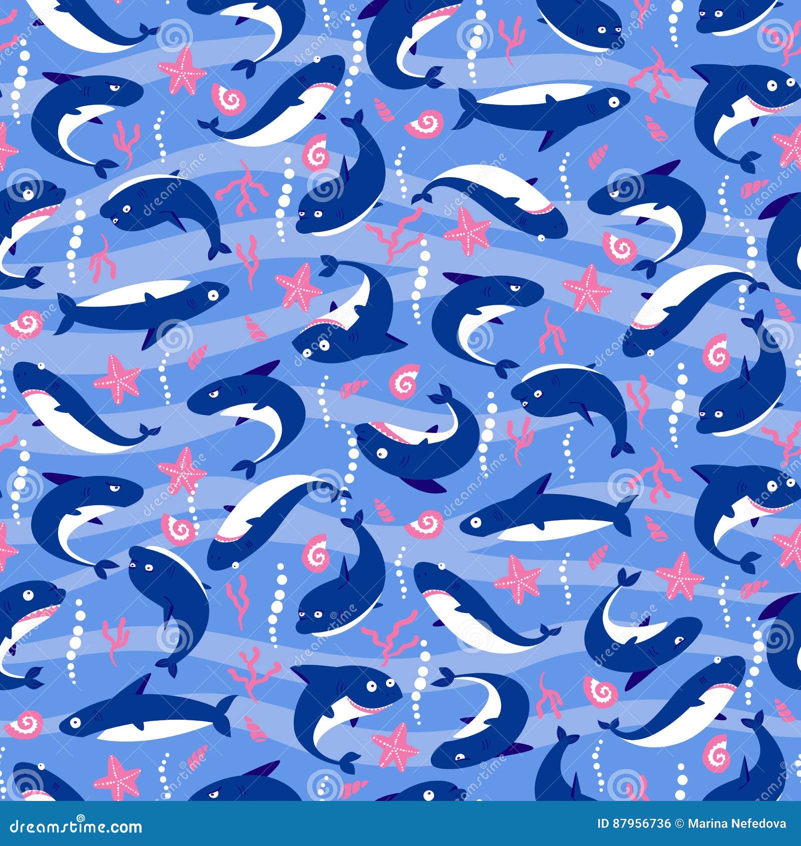 Cute Sharks Pattern. Nautical Seamless Print. Sea Life Vector ...