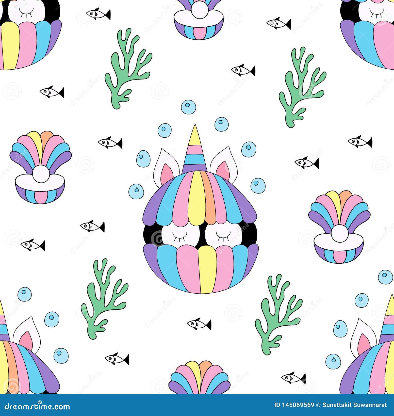 Seamless Pattern Cute Shellfish Cartoon Hand Drawn Style. Stock ...