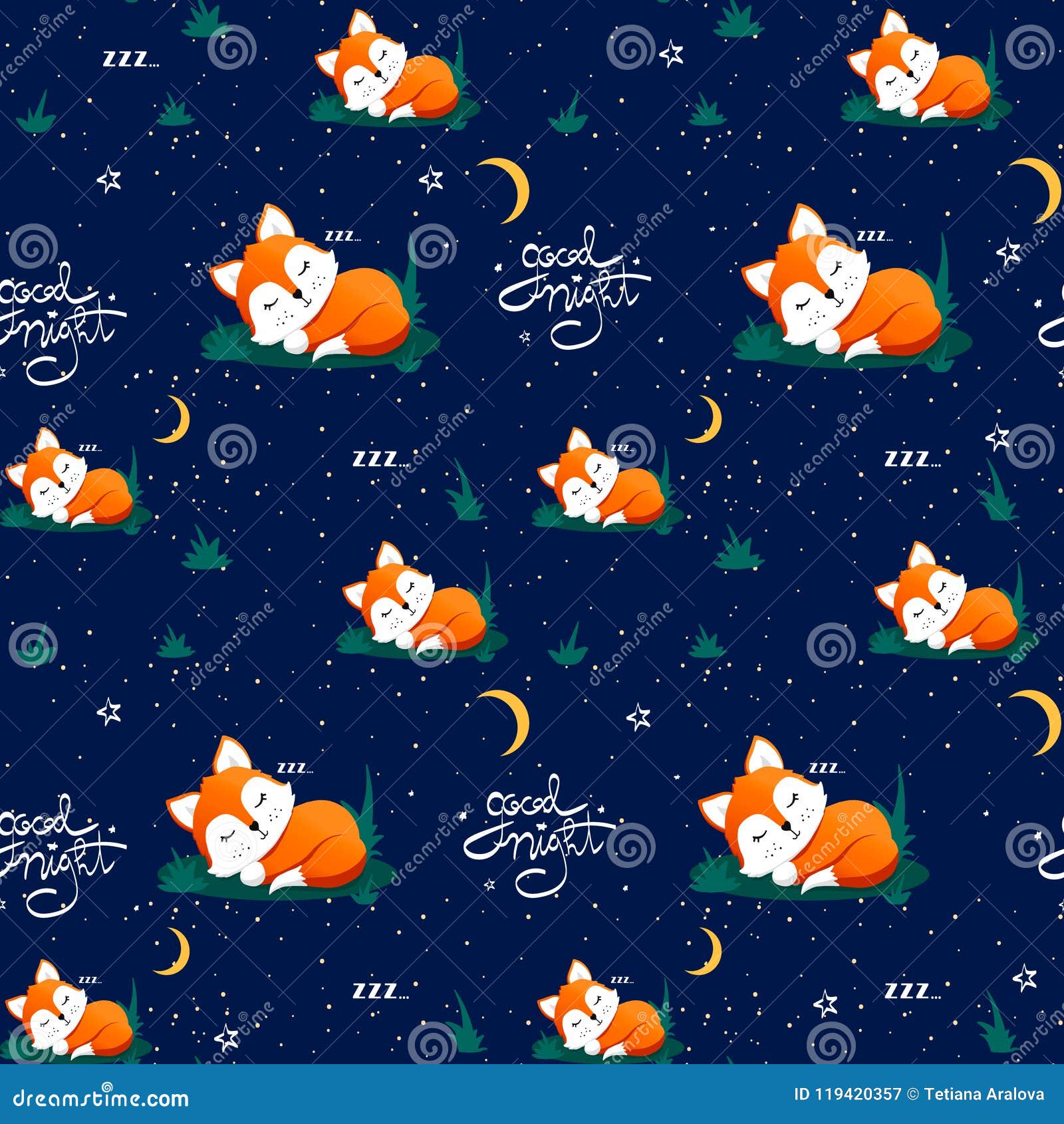 Seamless Pattern with Cute Sleeping Fox and Moons, Stars, Lettering ...