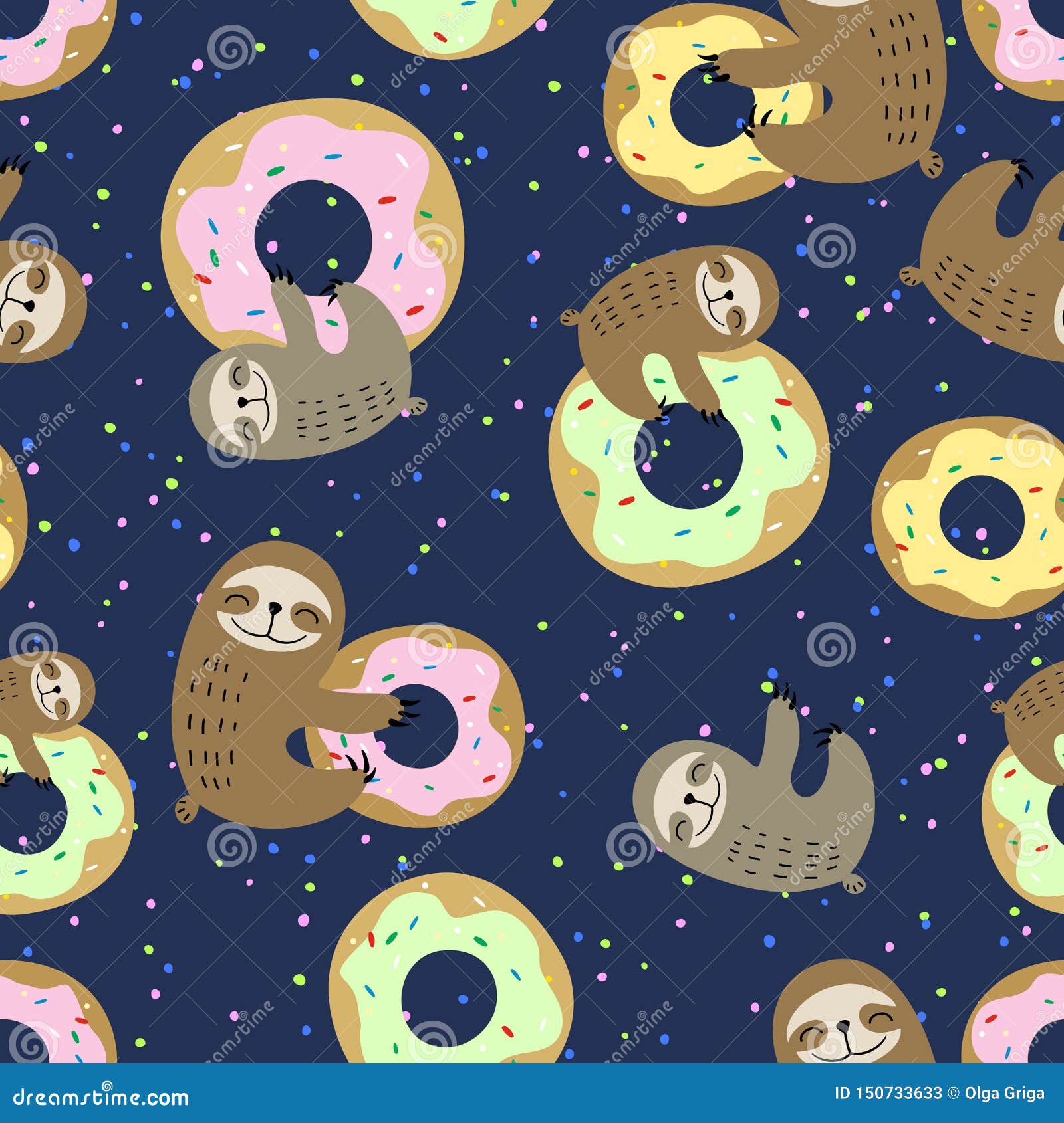 Seamless Pattern. Cute Sloth with Sweet Doughnuts. Sweet Tooth Stock ...