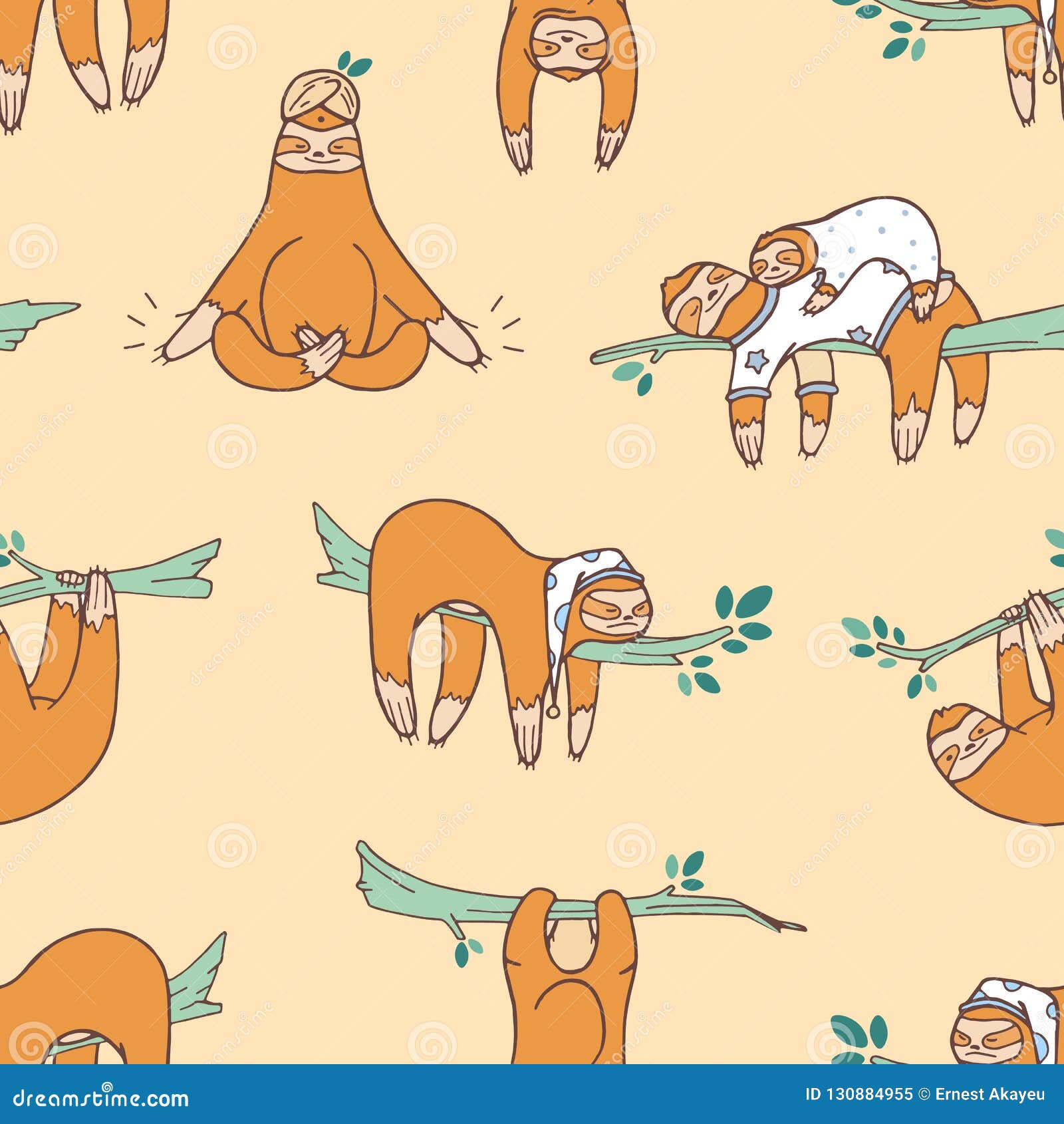 Seamless Pattern with Cute Sloths Sleeping, Napping, Dozing. Backdrop ...