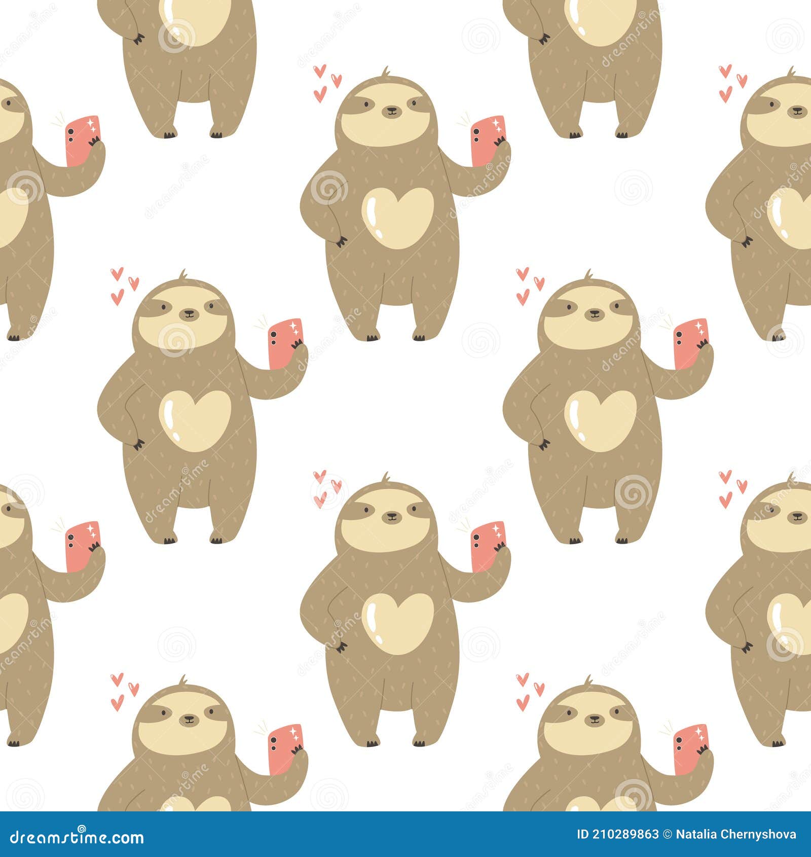 Seamless Pattern With Cute Sloths Taking Selfies. Vector Illustration ...