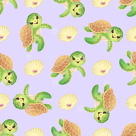 Seamless Pattern with Cute Smiling Green Turtle Floating with Shells on ...