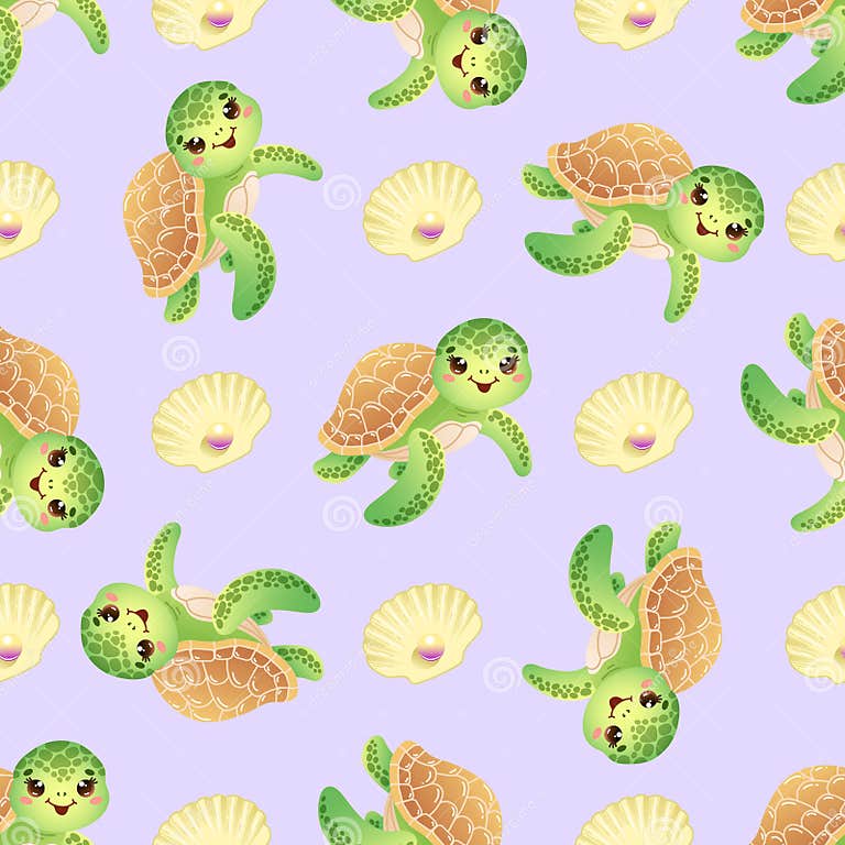 Seamless Pattern with Cute Smiling Green Turtle Floating with Shells on ...