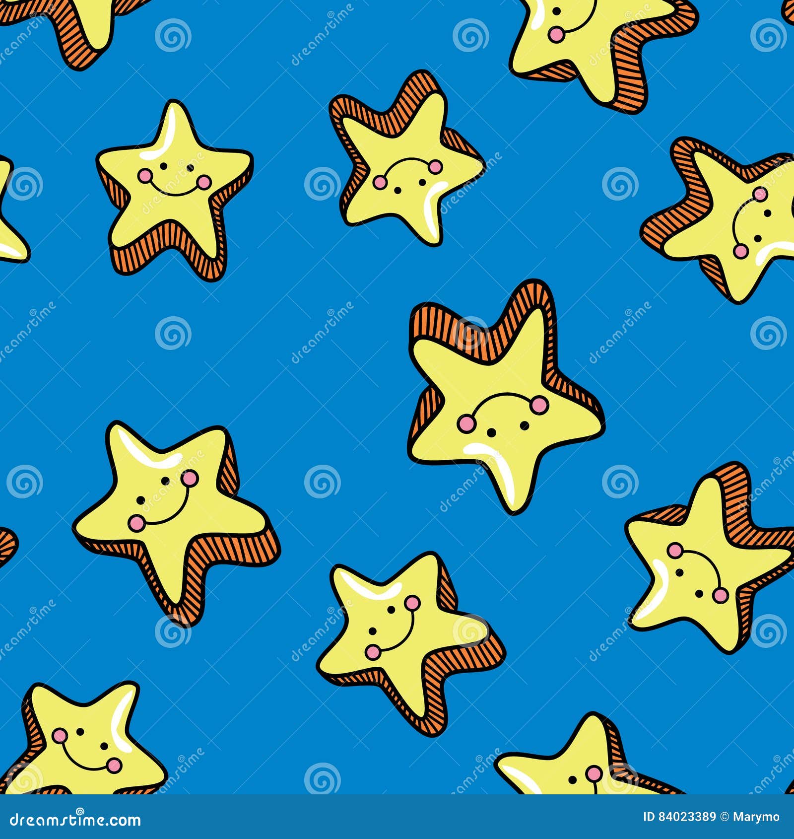 Seamless Pattern with Cute Smiling Stars on Blue Background. Stock ...