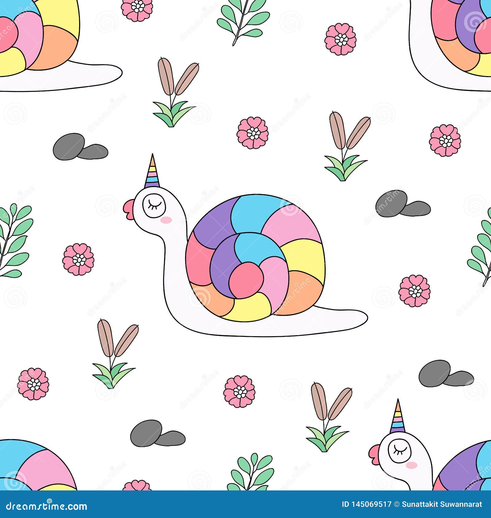 Seamless Pattern Cute Snail Cartoon Hand Drawn Style. Stock ...
